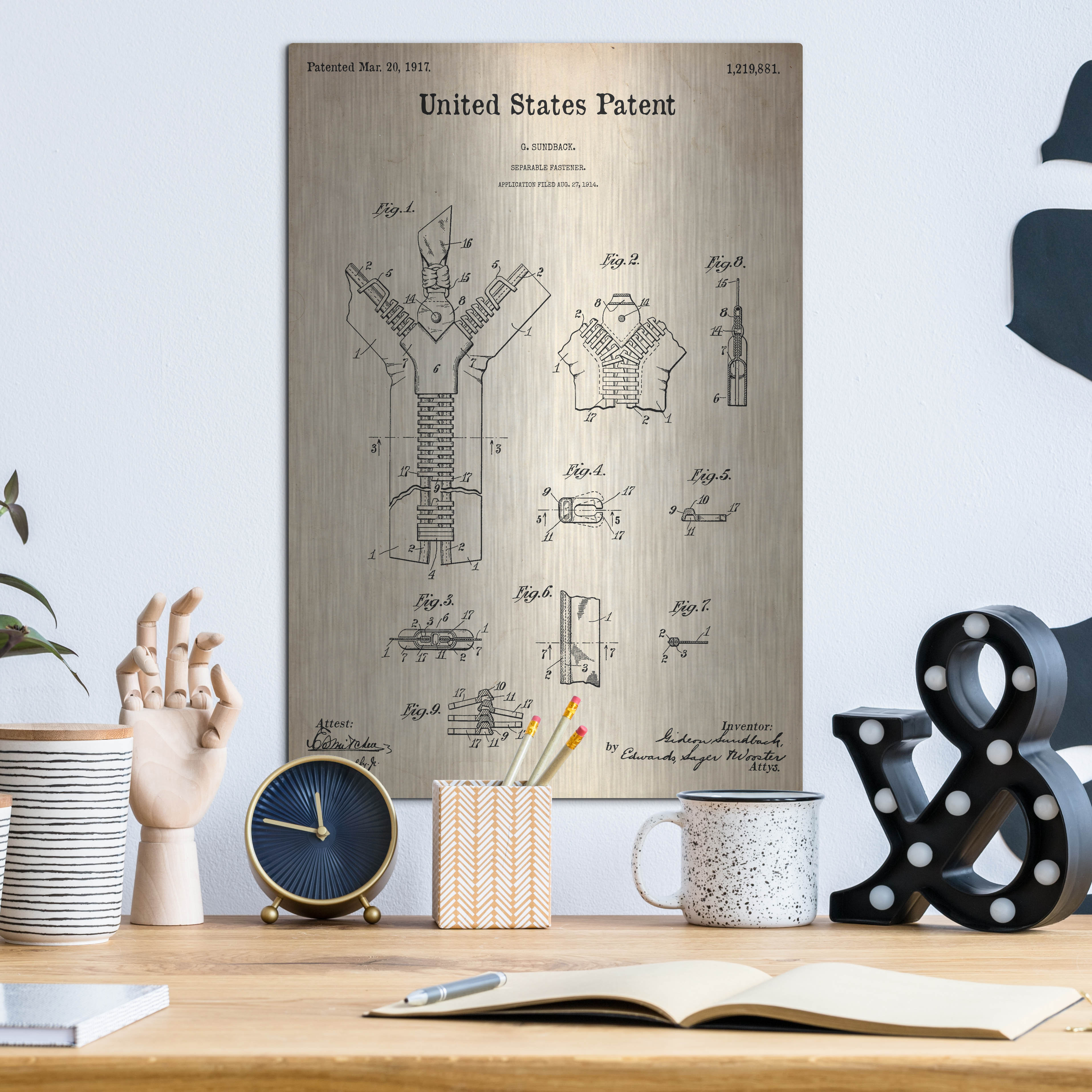 Ivy Bronx 'Zipper Blueprint Patent Parchment' Metal Wall Art | Wayfair