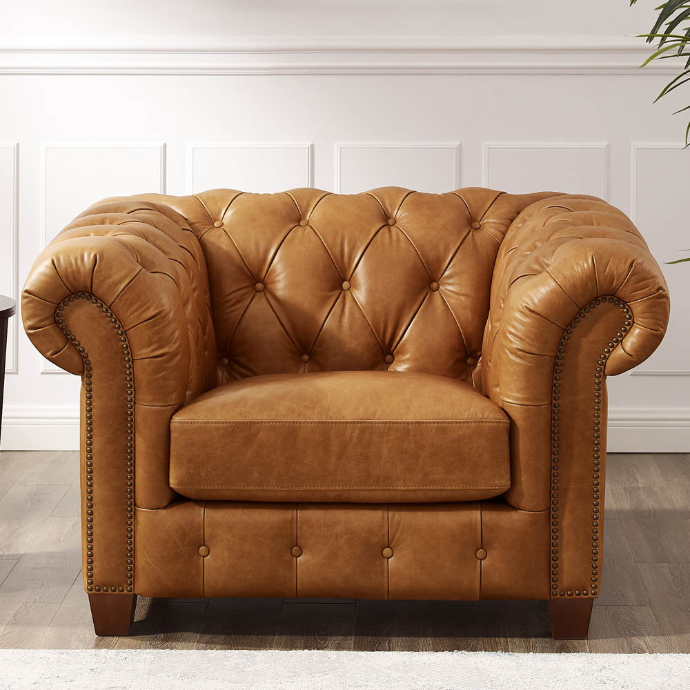 HYDELINE Kingston 49.5'' Wide Tufted Genuine Leather Full Grain Leather ...