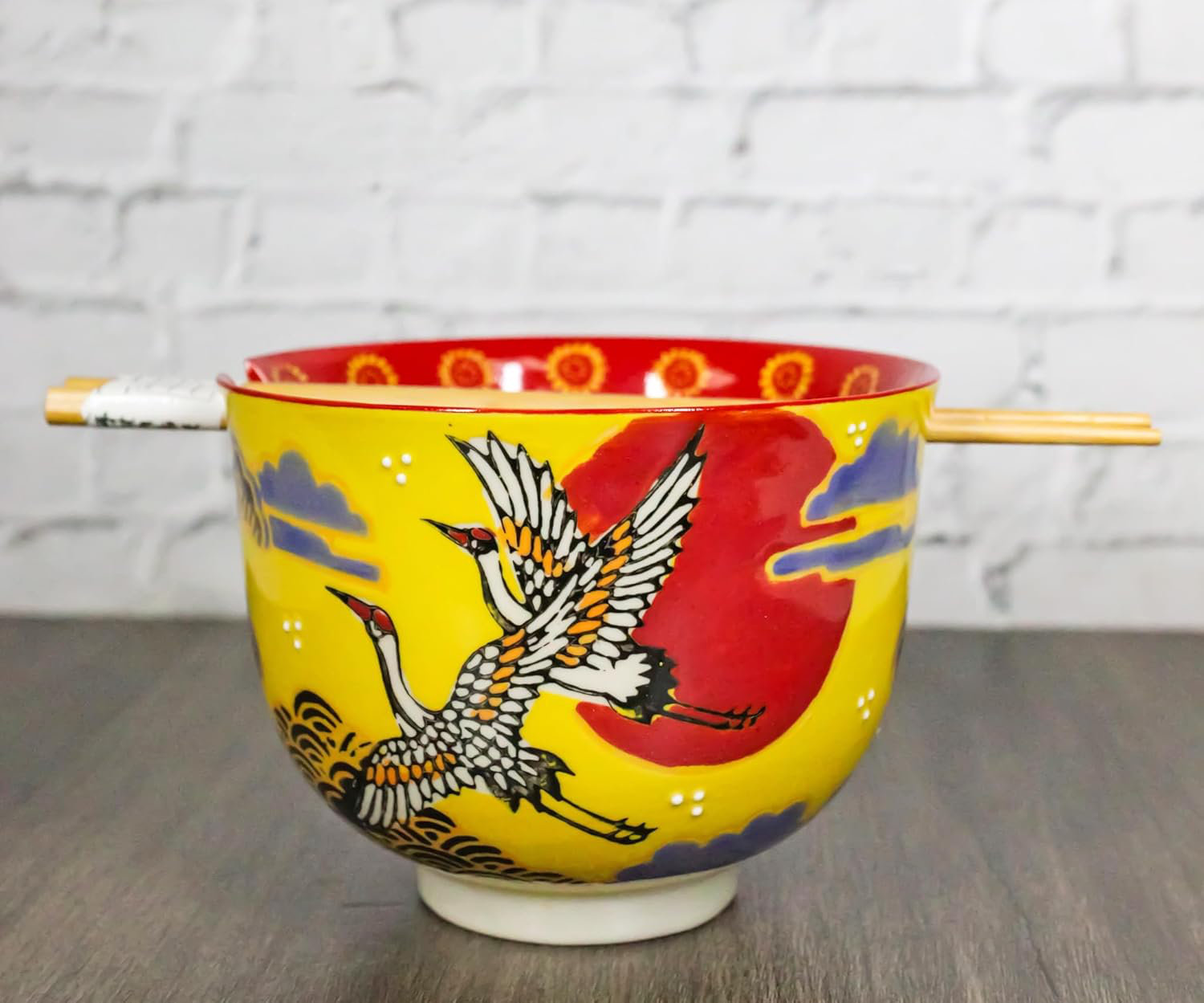 Winston Porter Japanese Cranes With Red Moon Yellow Donburi Ramen Soup Bowl With Chopsticks Set ...