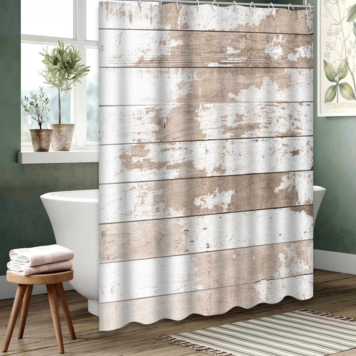 East Urban Home Mint Waterproof Shower Curtain,Wooden Board White Old ...