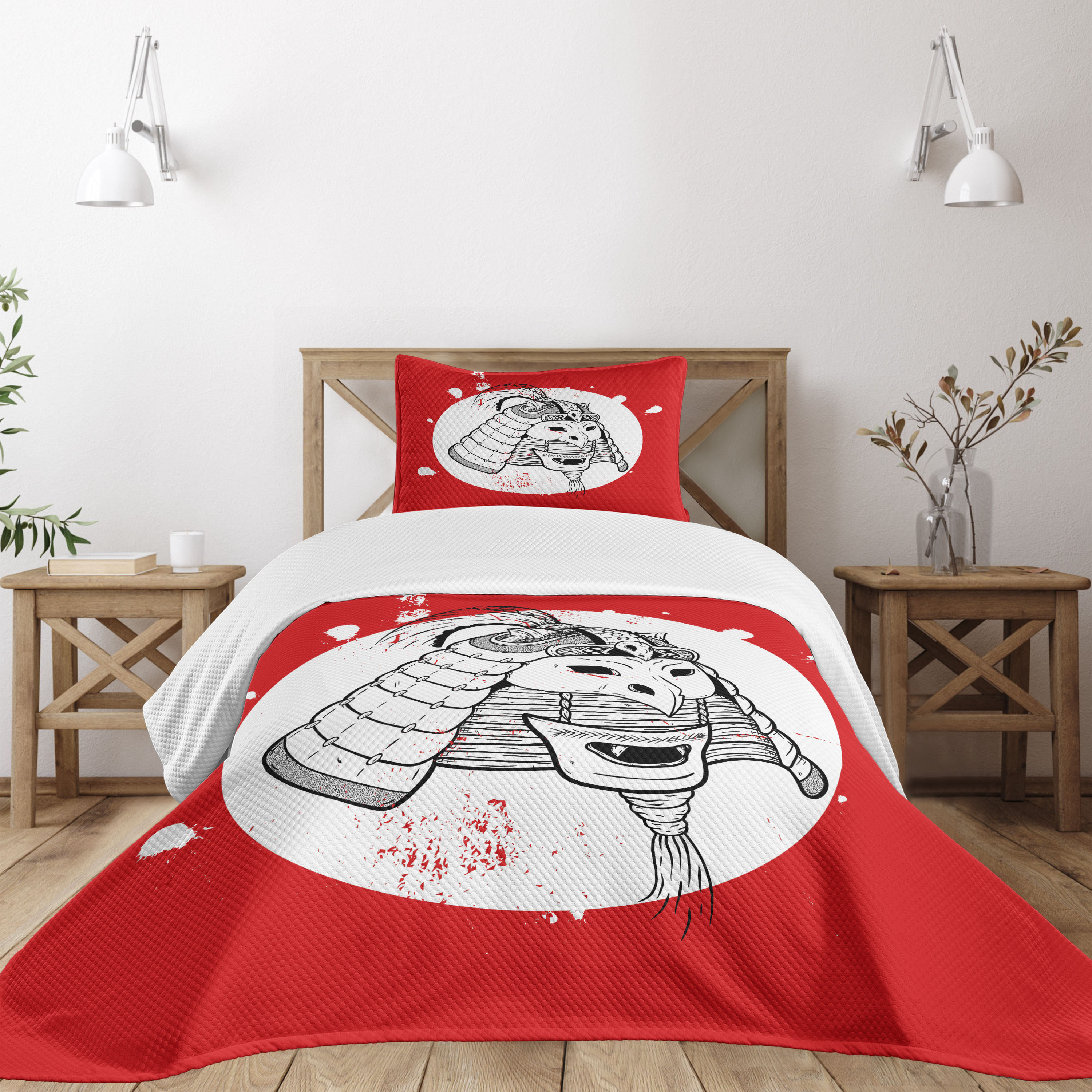 Ambesonne Kabuki Bedspread Set Grunge Stained Ronin Face Red White and ...