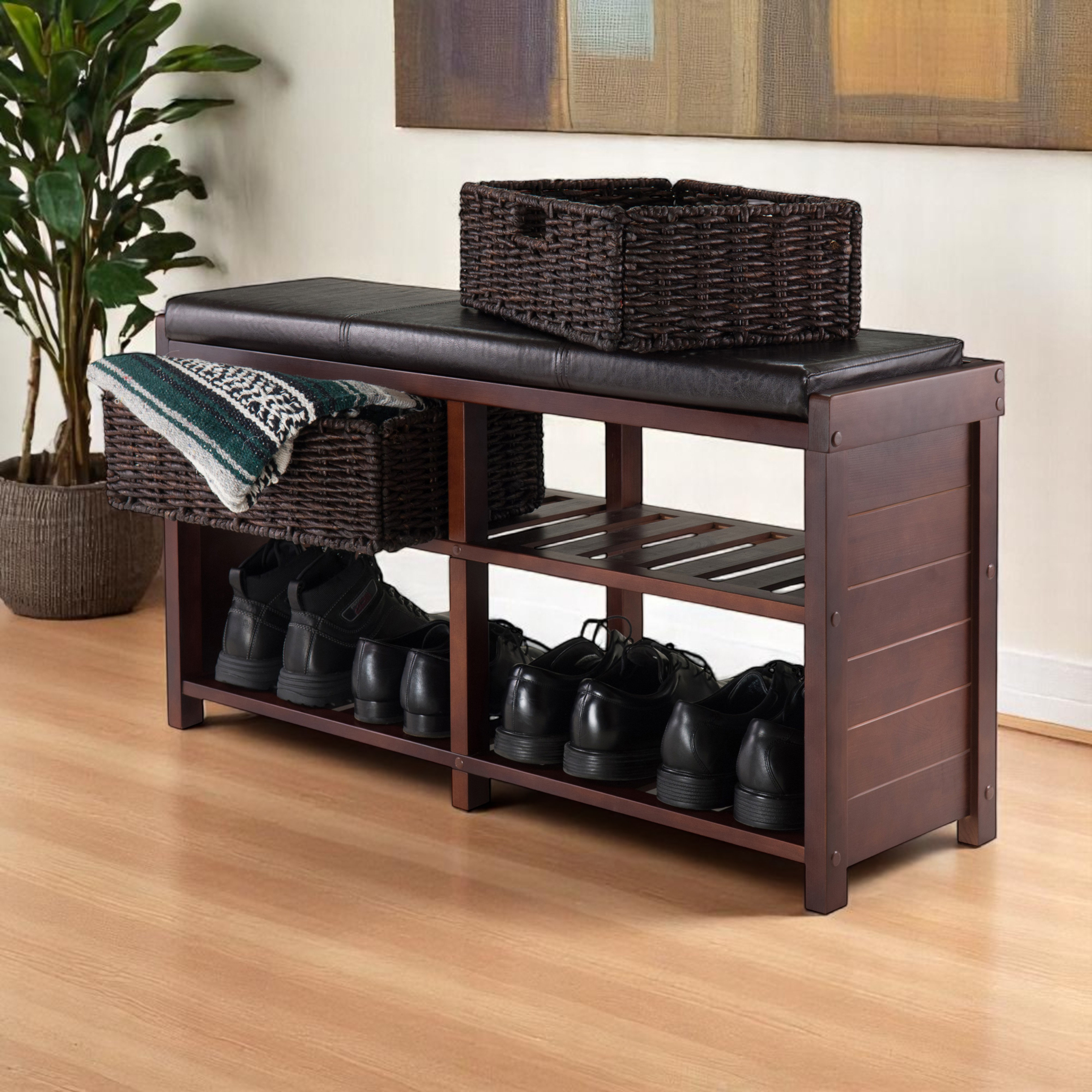 Lark Manor™ Wren Storage Bench with Seat Cushion and 2 Foldable Corn Husk Baskets, Espresso ...