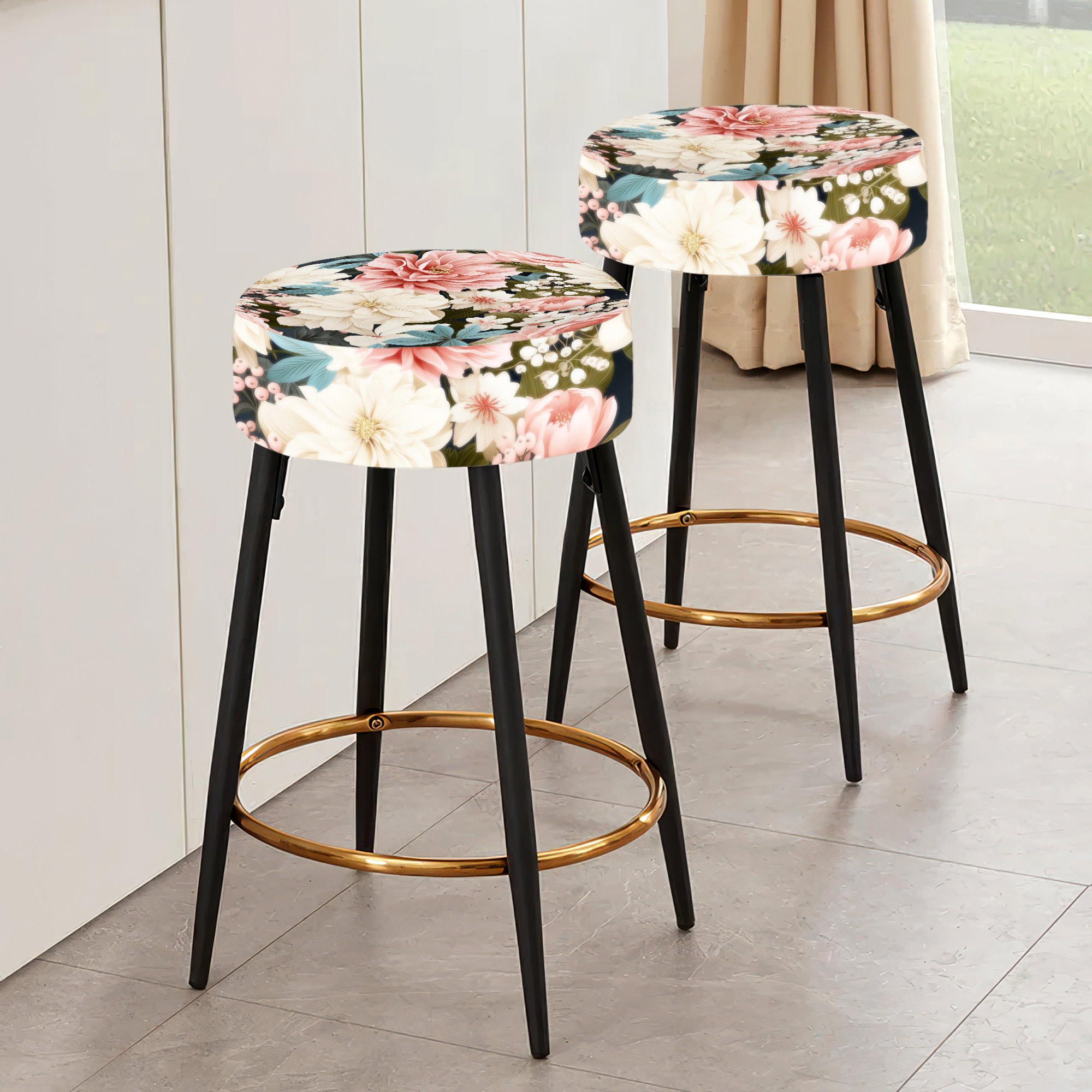 Design Art Pink Floral Gardens Serenade Beauty - Floral Bar Stools Set ...