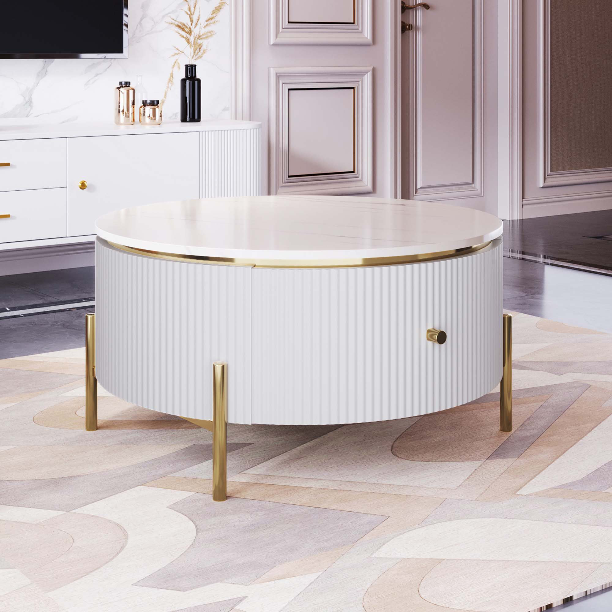 Latitude Run® Modern Round Coffee Table With 2 Large Drawers Storage ...