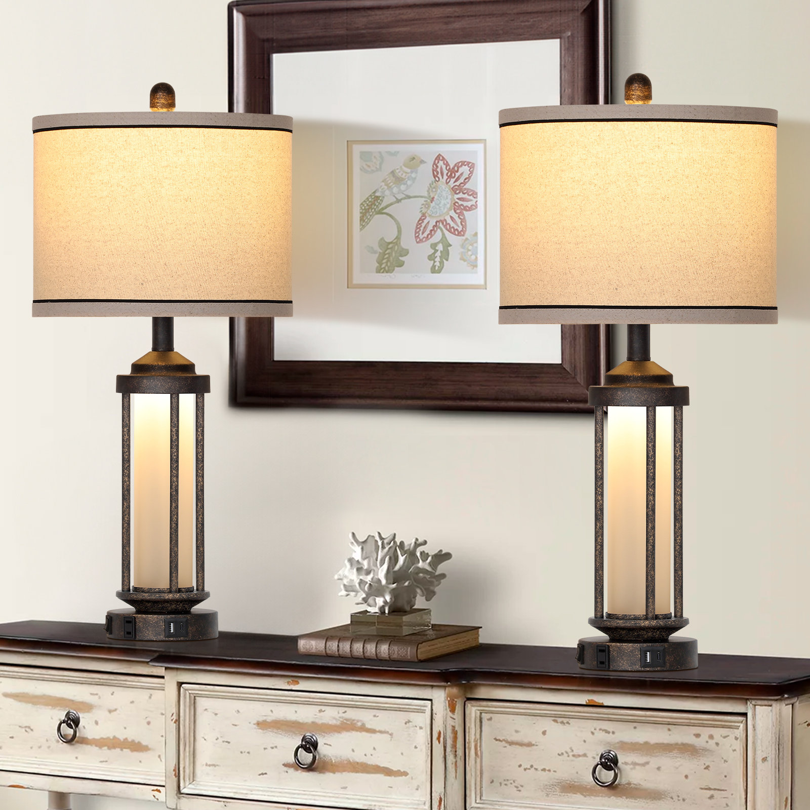 August Grove Charesse 26 in. Metal Table Lamp Set with USB, Type-C Port ...