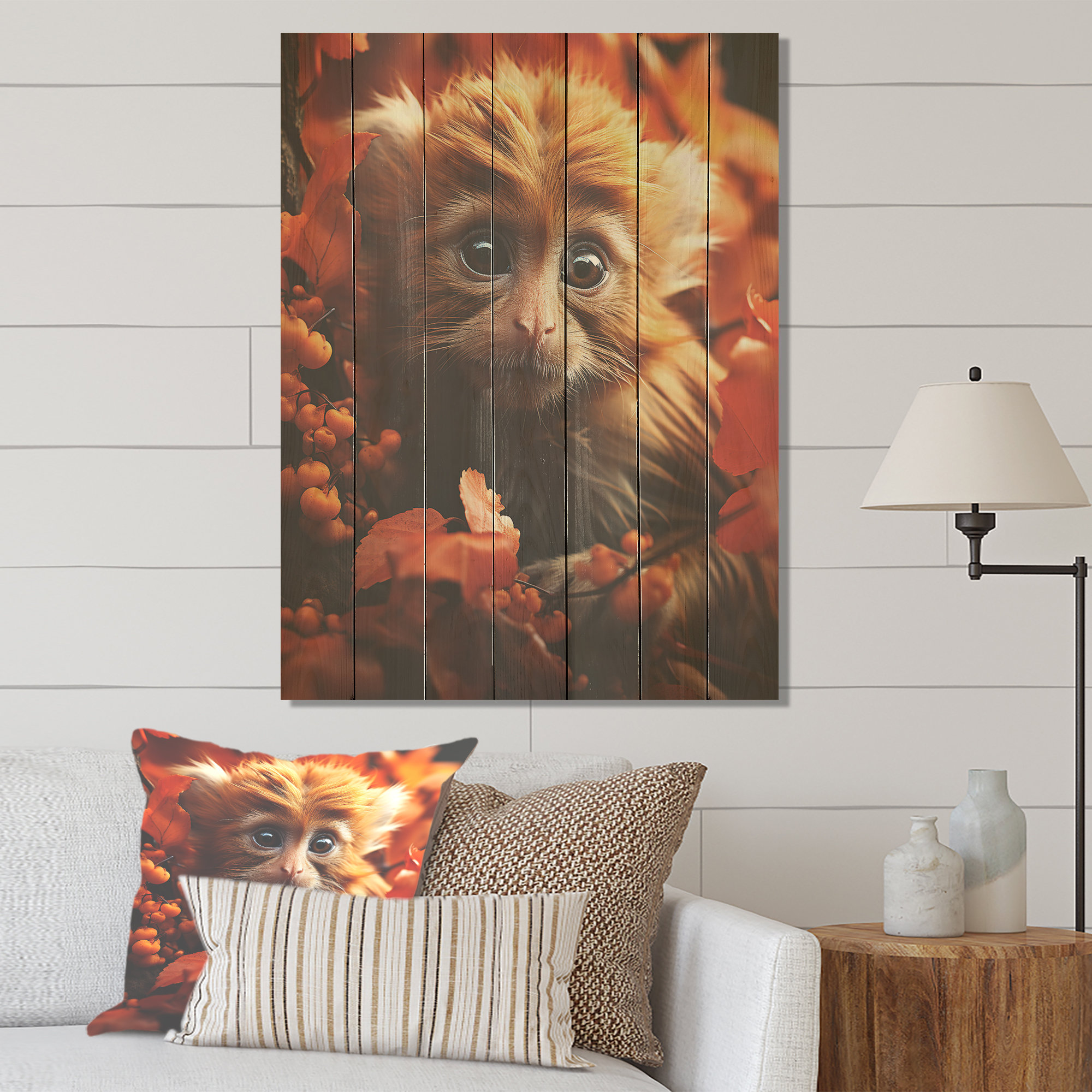 Dakota Fields Brown Fall Foliage Monkey - Monkey Animal On Wood Print ...