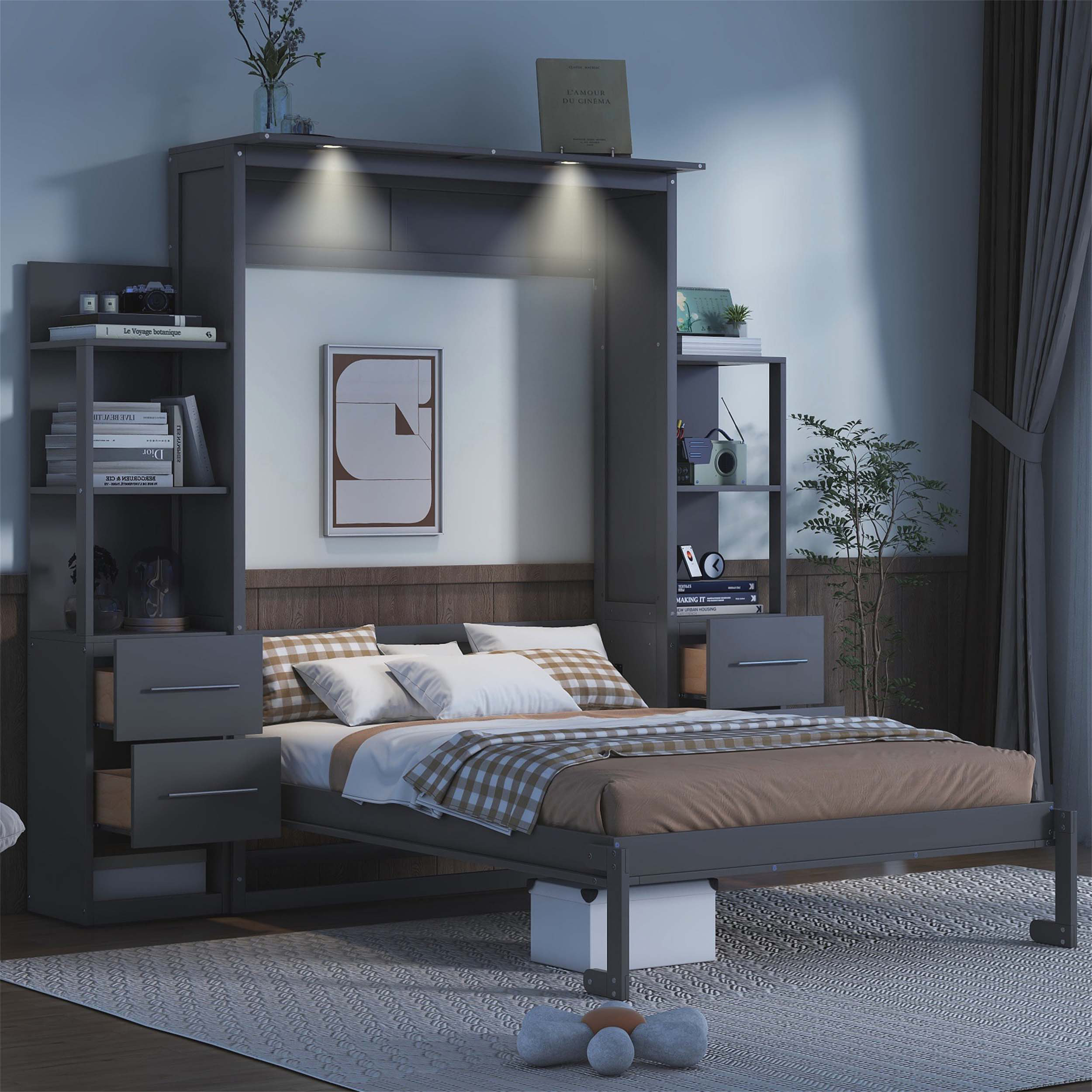 Hokku Designs Murphy Bed Wall Bed with Built - in Shelves, Drawers and ...