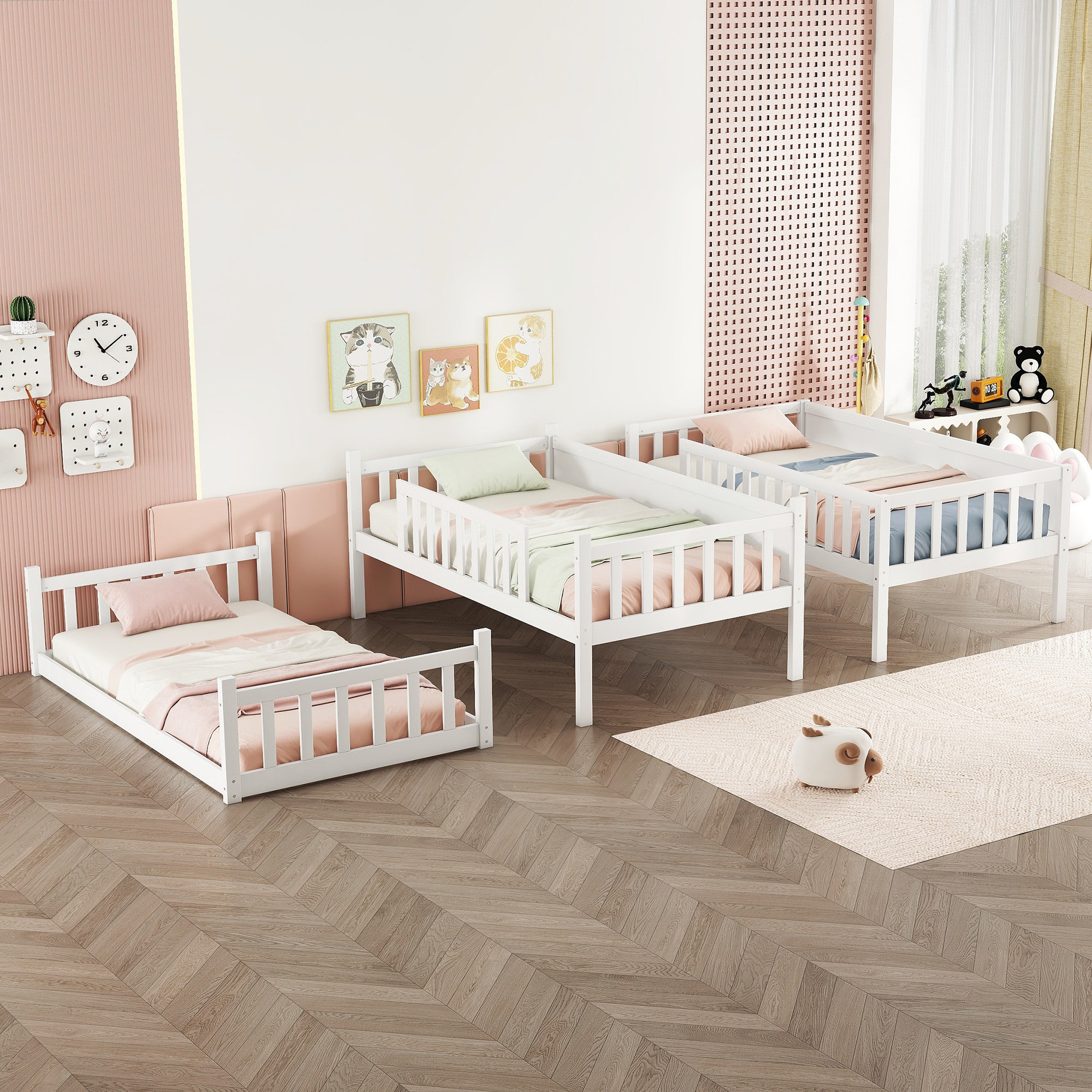 Latitude Run® Twin Size Triple Bunk Bed, Rubber Wood, Detachable Bunk ...