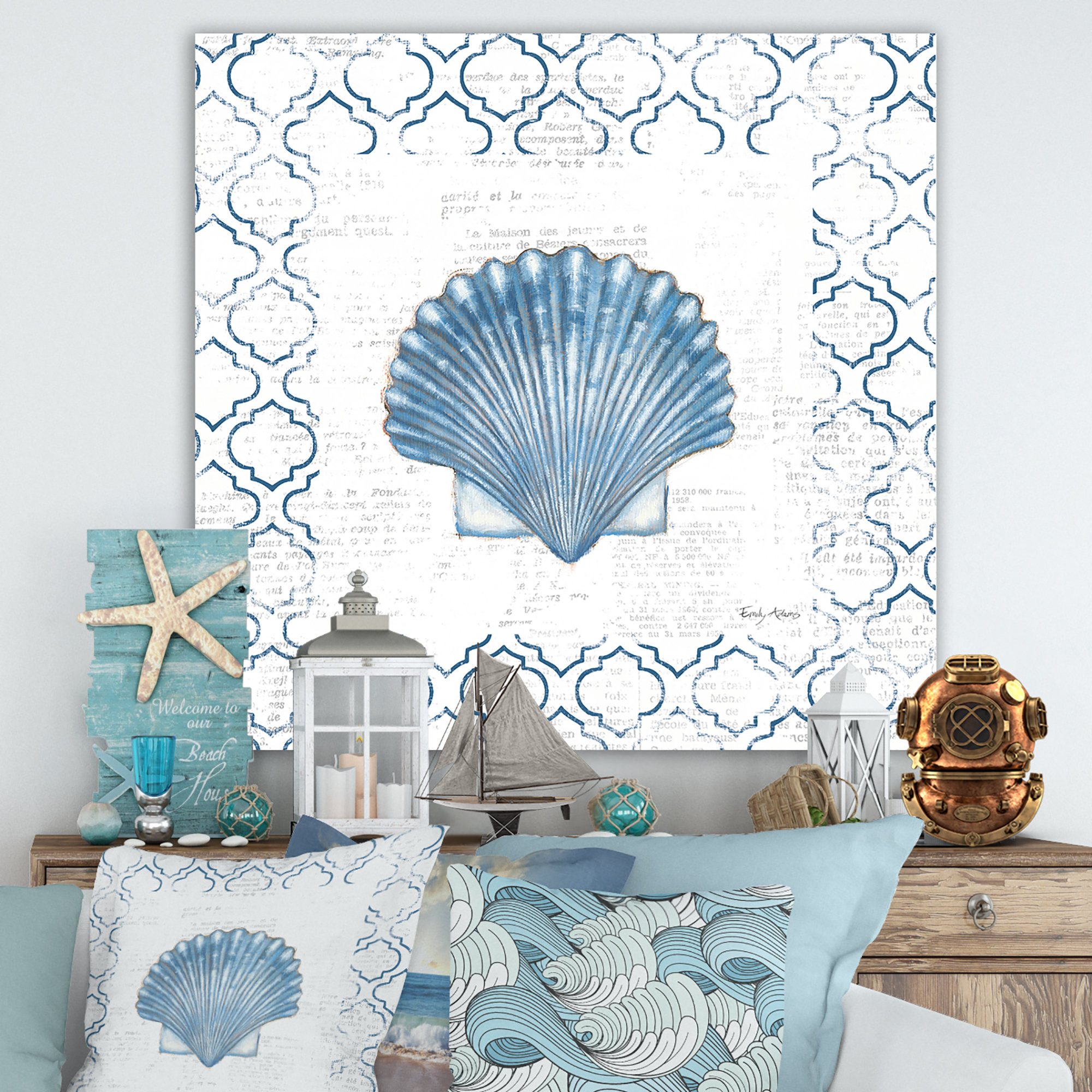 East Urban Home Navy Blue Scallop Shell - Wrapped Canvas Painting Print ...