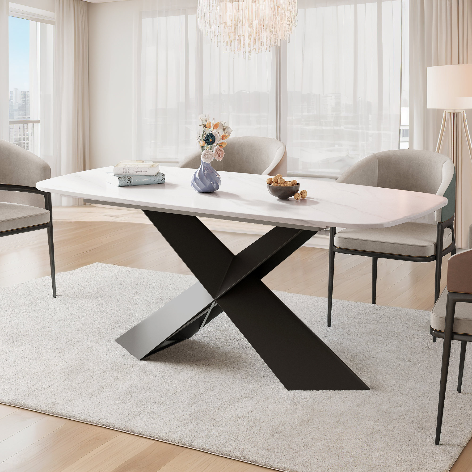 Brayden Studio 63'' X-Shape Pedestal Dining Table With Natural Stone ...