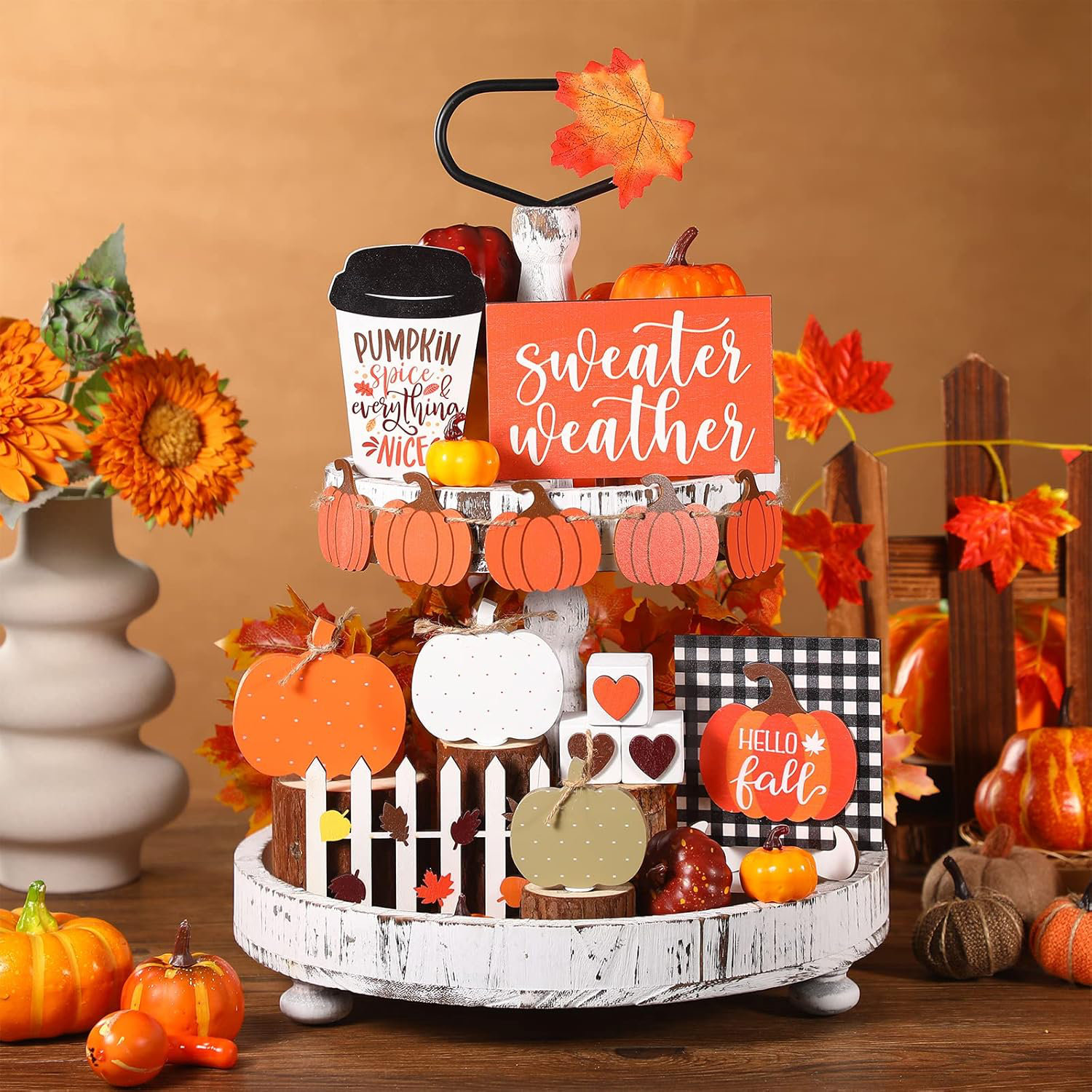 The Holiday Aisle® 15 Pcs Fall Tiered Tray Decor Set Hello Fall Decor ...
