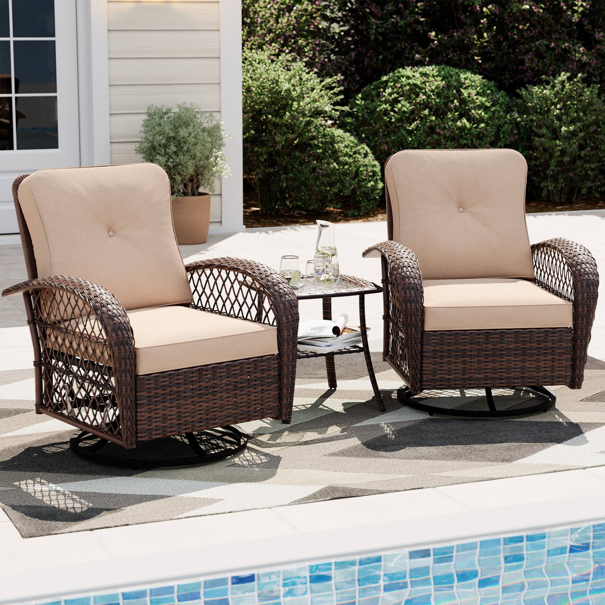 Winston Porter 3-Piece Patio Outdoor Wicker Swivel Rocking Chair Set ...