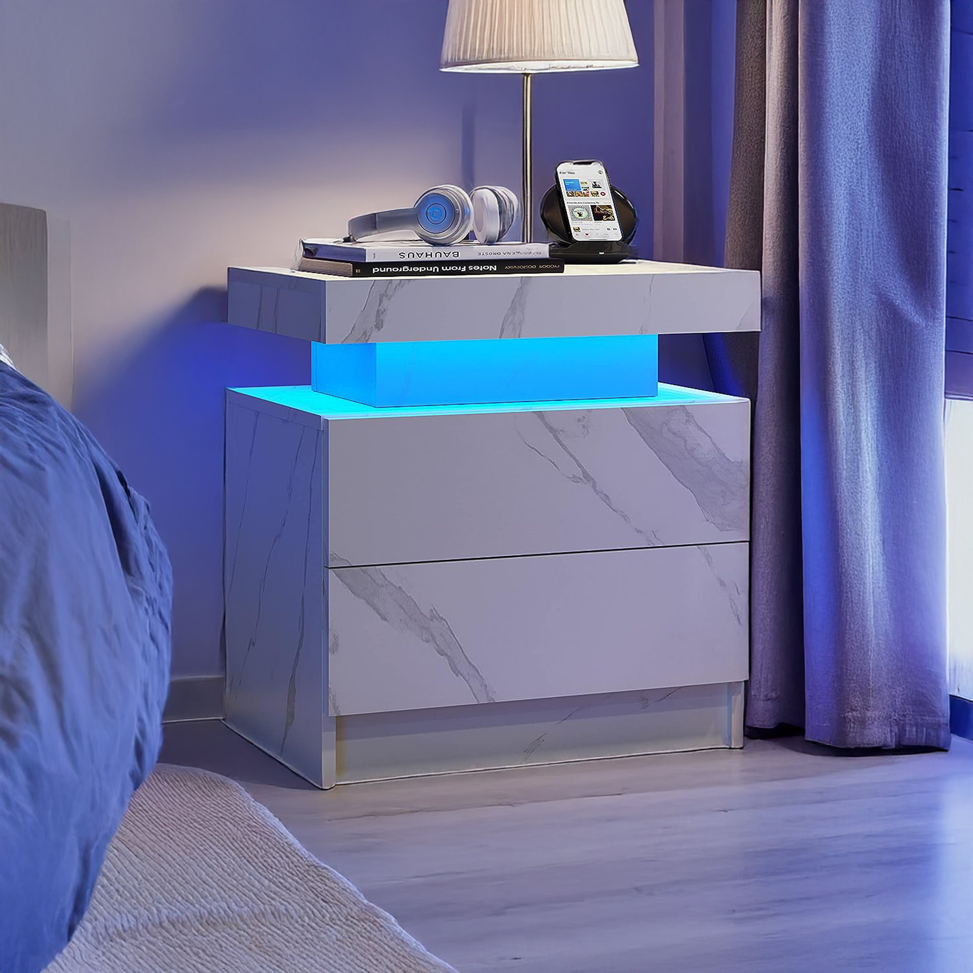 Ivy Bronx Nightstand LED Bedside Table Cabinet Lights Modern End Side ...