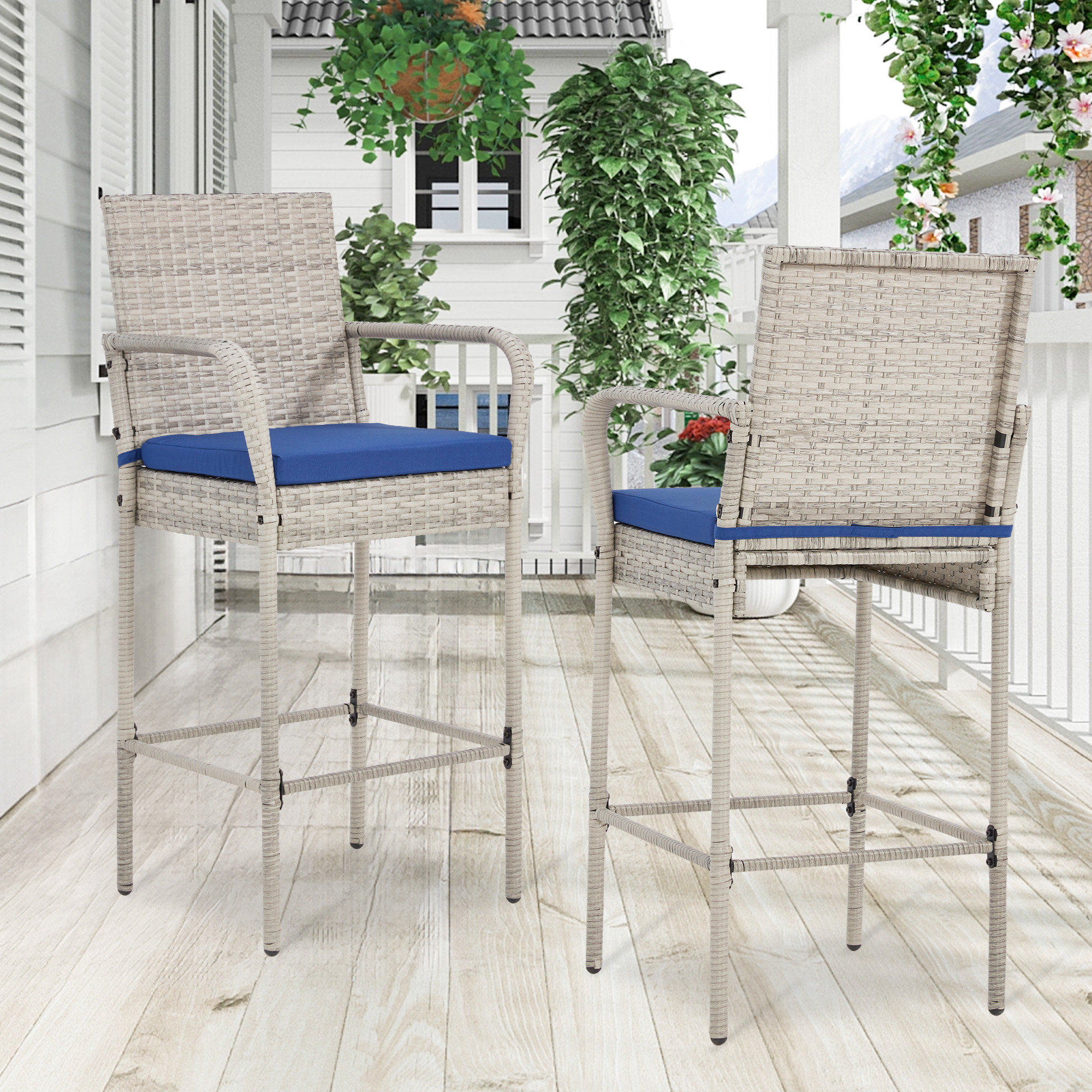 Ebern Designs Outdoor Patio Wicker Bar Stools Set Of 2, Pe Wicker ...