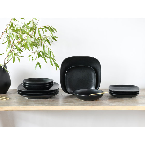 Creatable Magic Black Square 12 Piece Bone China Dinnerware Set ...