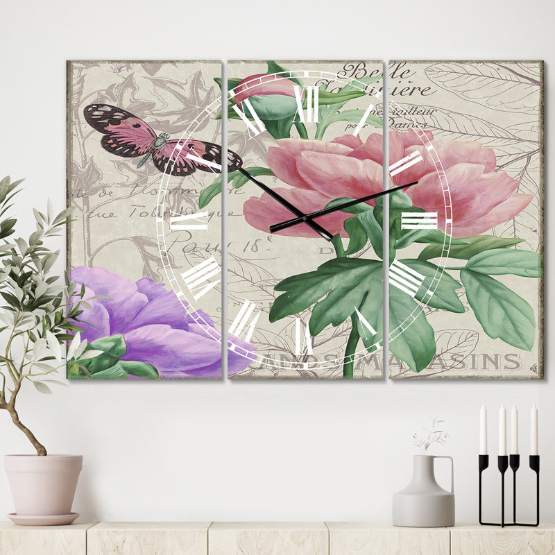 East Urban Home Vintage Flowers II - Large Cottage 3 Panels Wall Clock ...