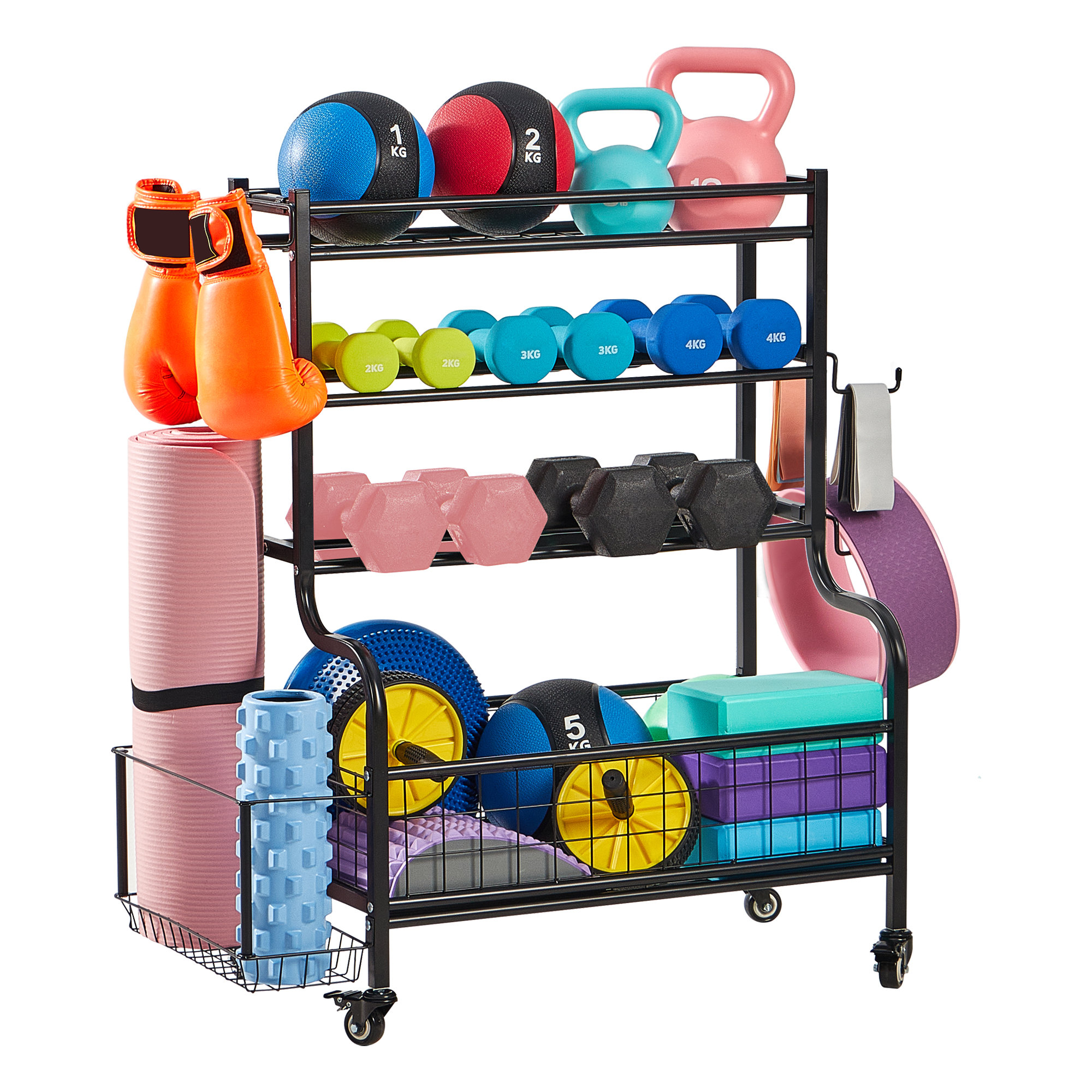 True & Tidy Dumbbell Storage Rack & Stand with Wheels and Hooks ...