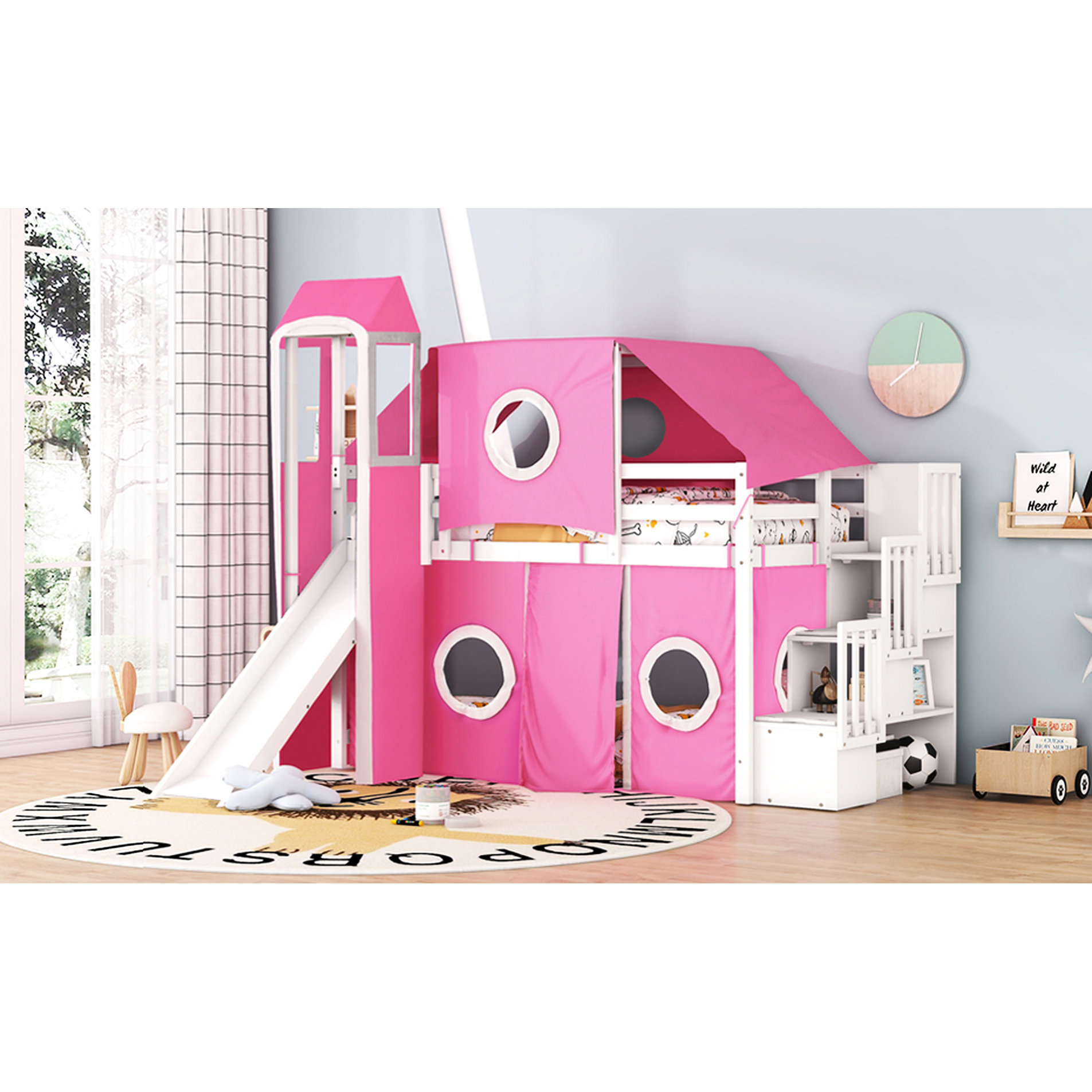 Ophelia & Co. Twin Size Pink Loft Bed With Tent And Tower, Construction ...