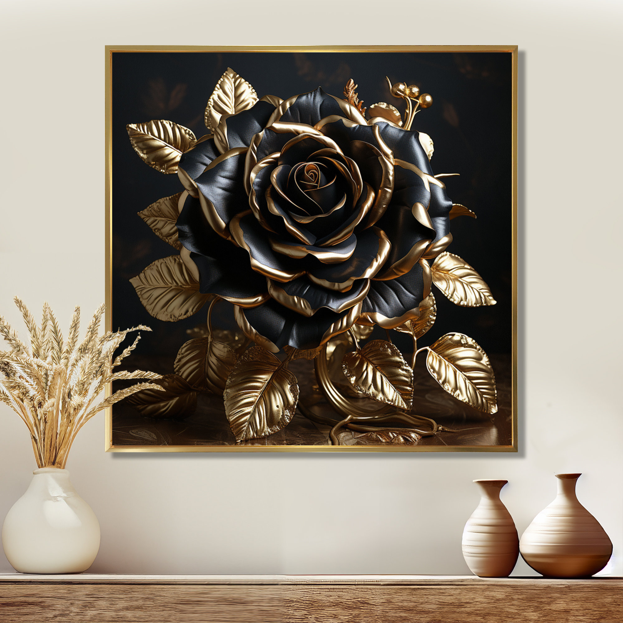 Mercer41 Black Gilded Rose Golden Glam Leaves - Rose Wall Art Decor ...