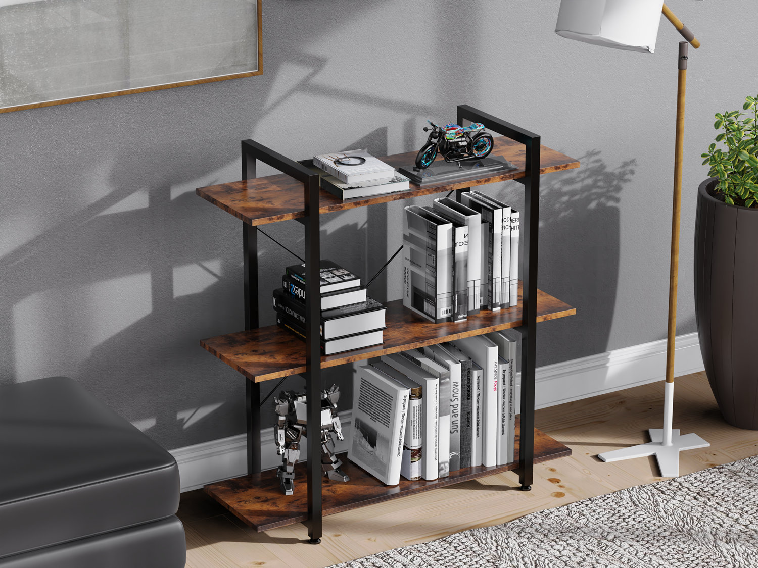 17 Stories Bookcase With Three-Tier Open Shelves, Bookcase With An X ...