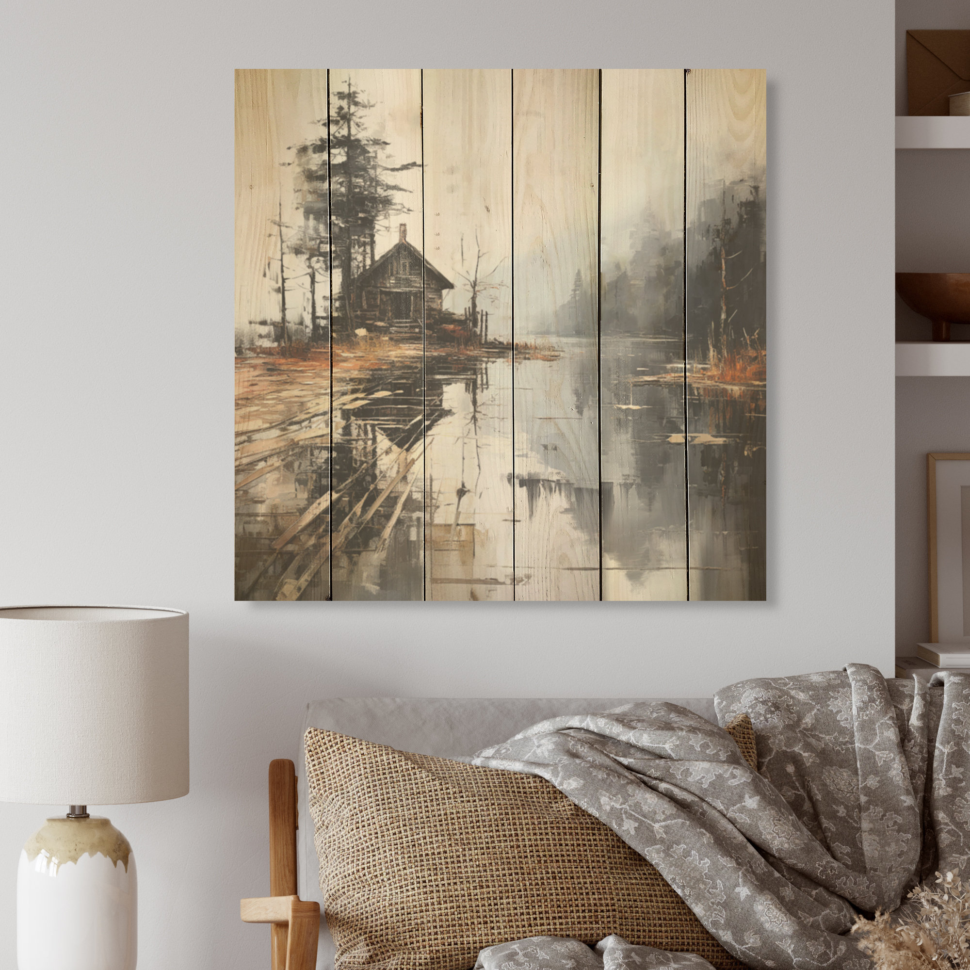 Winston Porter Minimalism Moody Lakehouse Overcast I - Lake River Wood ...