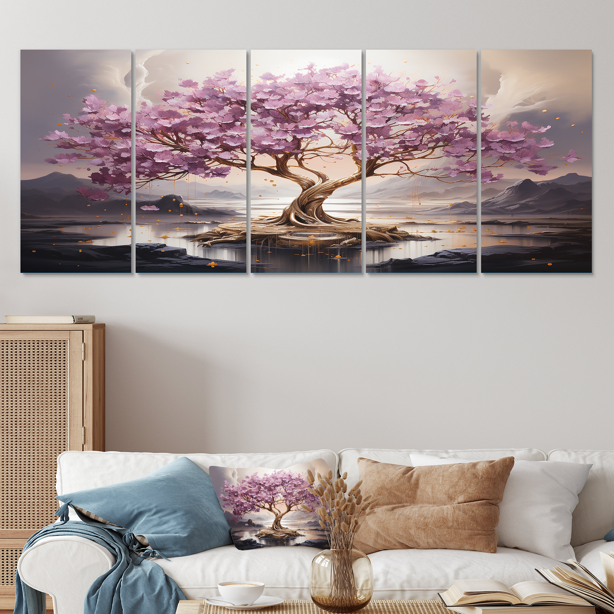 Lark Manor™ Purple Cherry Blossom Tree By The Lake I - Tree Cherry Blossom 5 Piece Wall Art Set ...