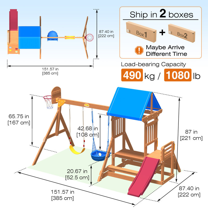 SuniBoxi Kids Swing Set: Wooden Playground, Wave Slide, Climbing Wall ...