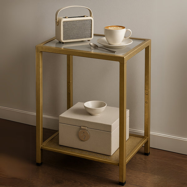 Borough Wharf Harrower Gold Glass Side Table with Storage Shelf End ...