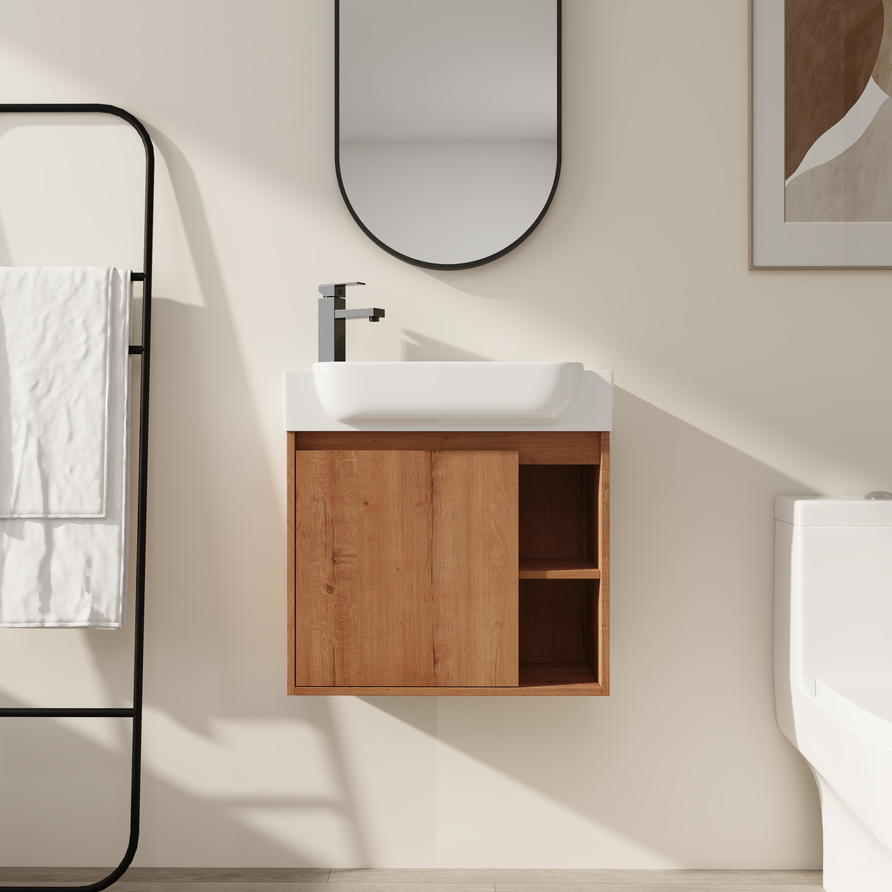 Ebern Designs 24" Wall-Mounted Vanity with White Trapezoid Ceramic Sink ...