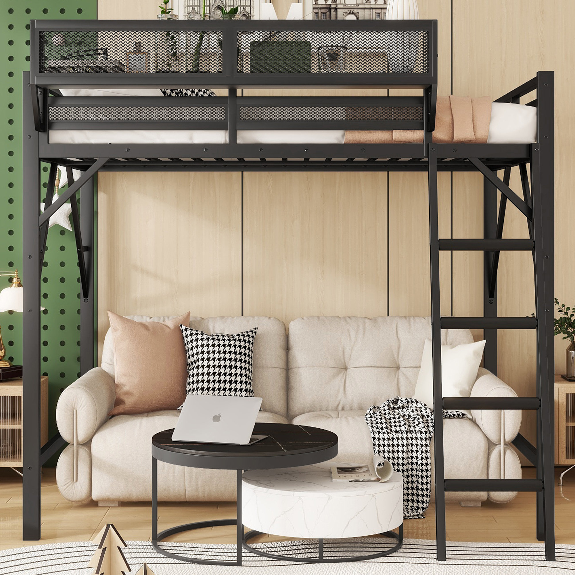 17 Stories Loft Bed with Ladder, Metal Loft Bed with Storage Shelves ...