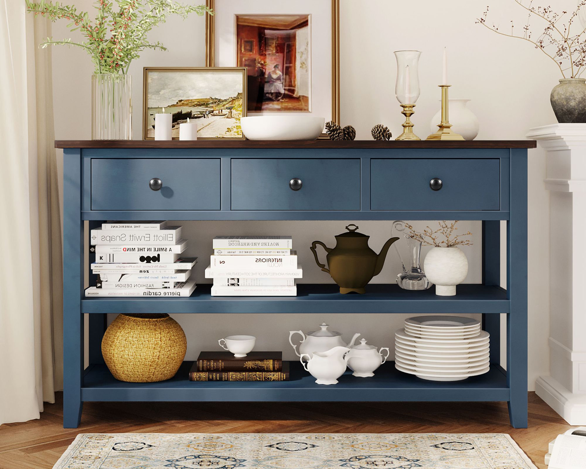 Lark Manor Farmhouse Console Table With 3 Drawers And 2 Open Shelves ...