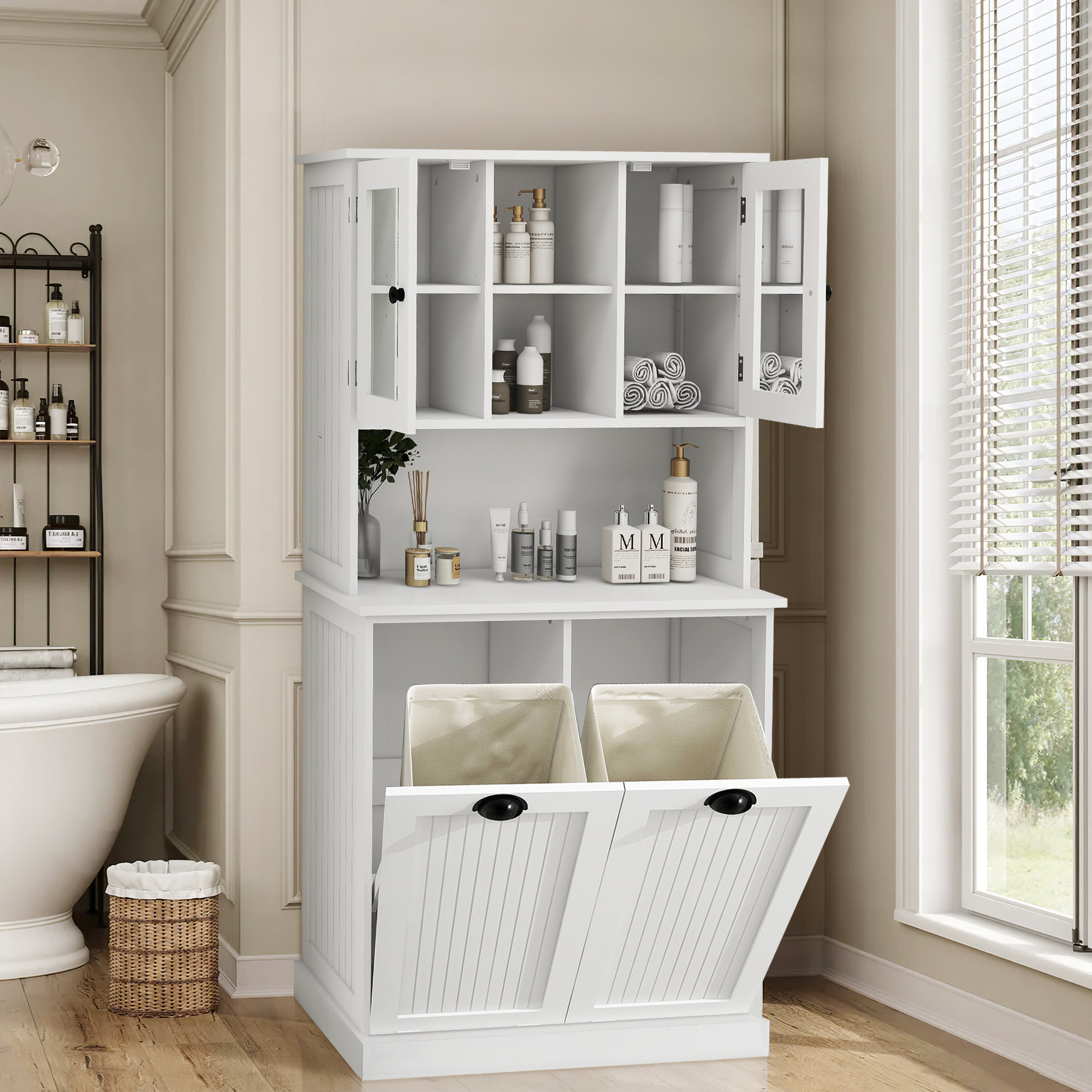 Rosecliff Heights Armoire de salle de bain à panier inclinable à 2 compartiments H 59,6 po avec ...