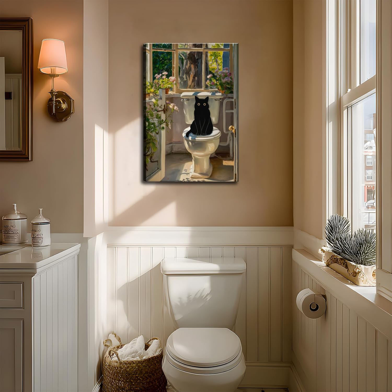 Winston Porter Funny Cat Bathroom Canvas Wall Art Humorous Cat Painting ...