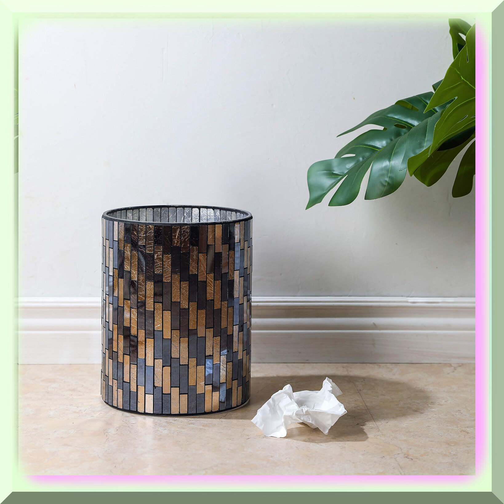 Everly Quinn Golden Mosaic Bathroom Trash Can - Stylish Glittery ...
