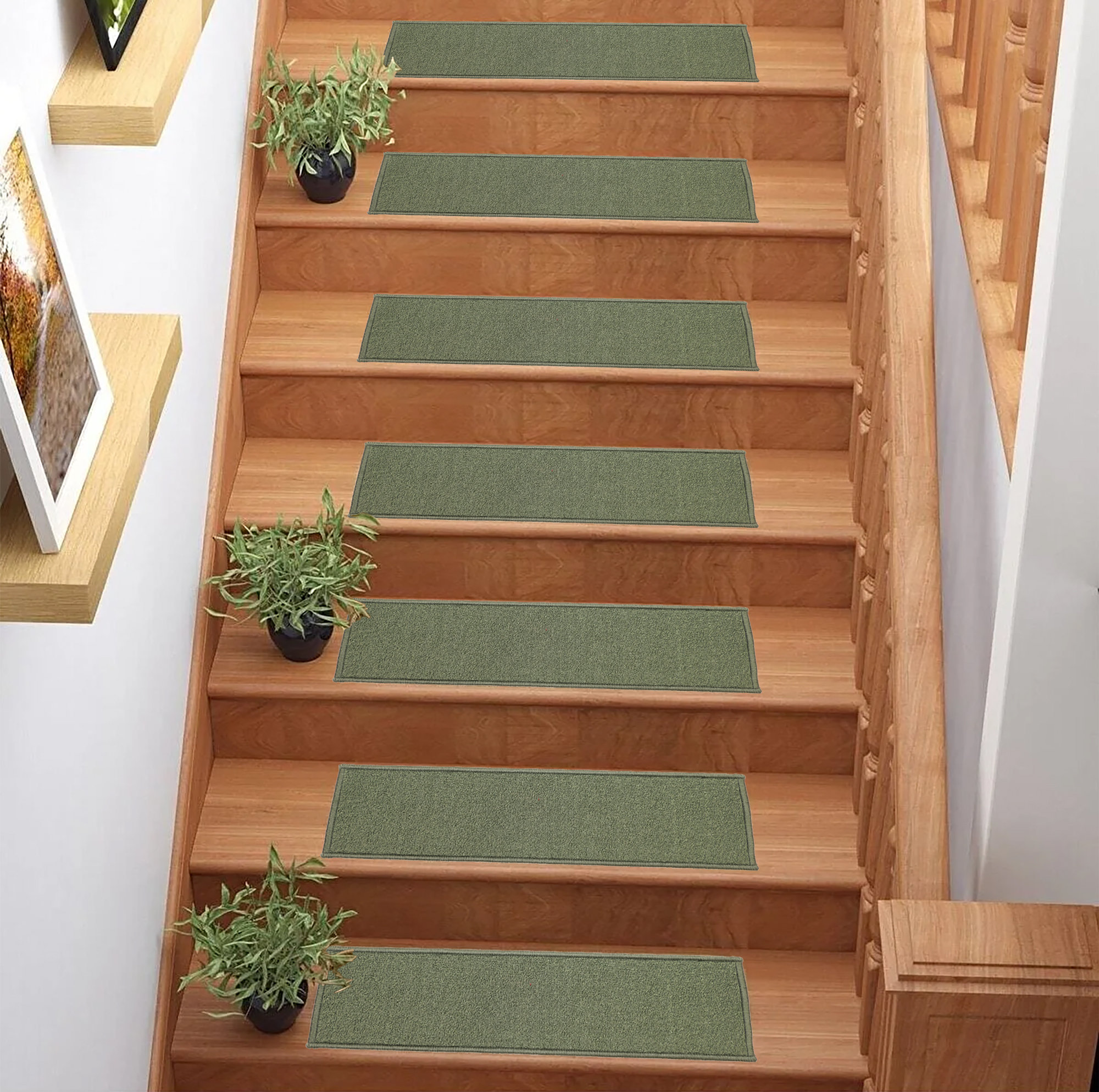 Purhome Slip Resistant Machine Washable Solid Green Low Pile Stair ...
