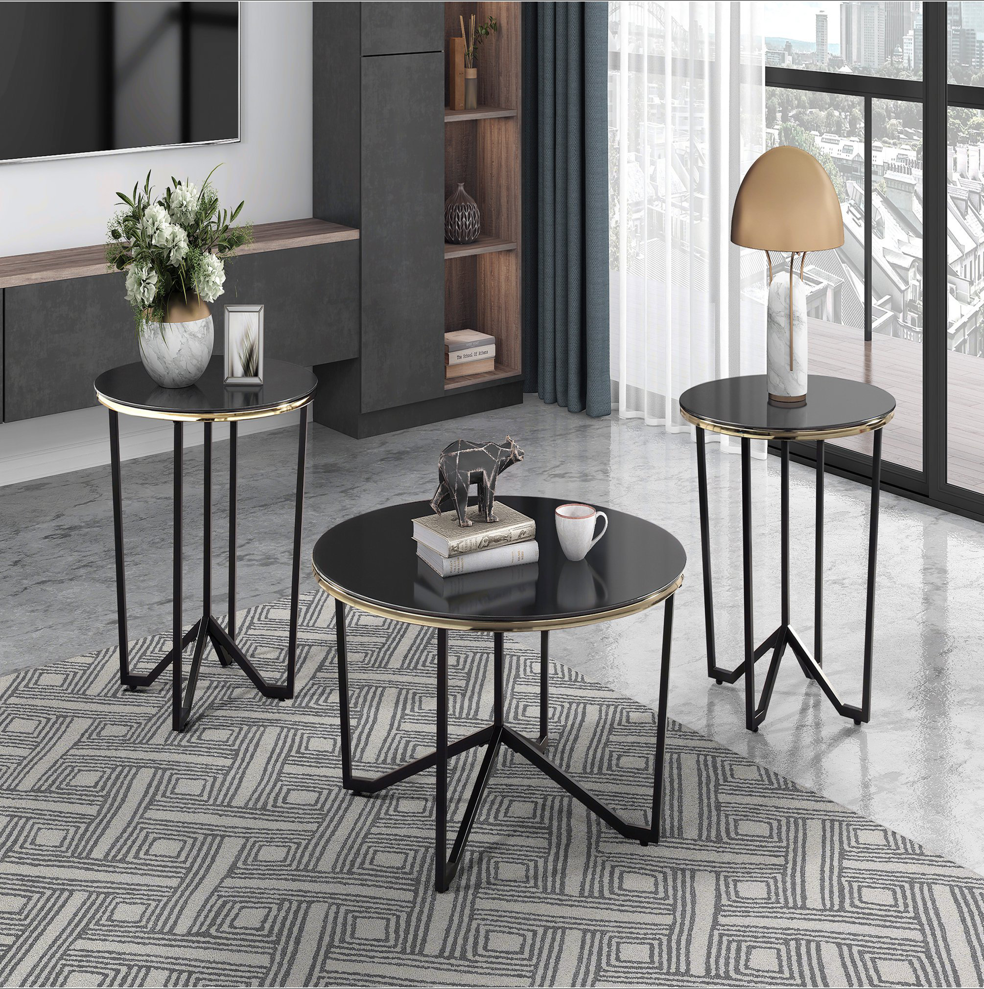 Latitude Run® Round Coffee Table And End Tables 3Pc Set Black Tempered ...