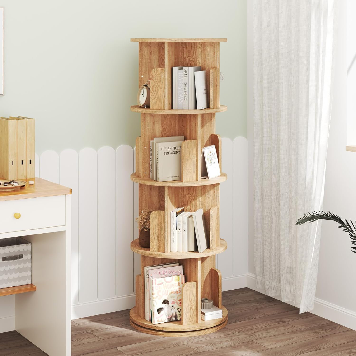 Ebern Designs Rotating Bookshelf, Solid Wood Bookshelf, 360° Rotating ...