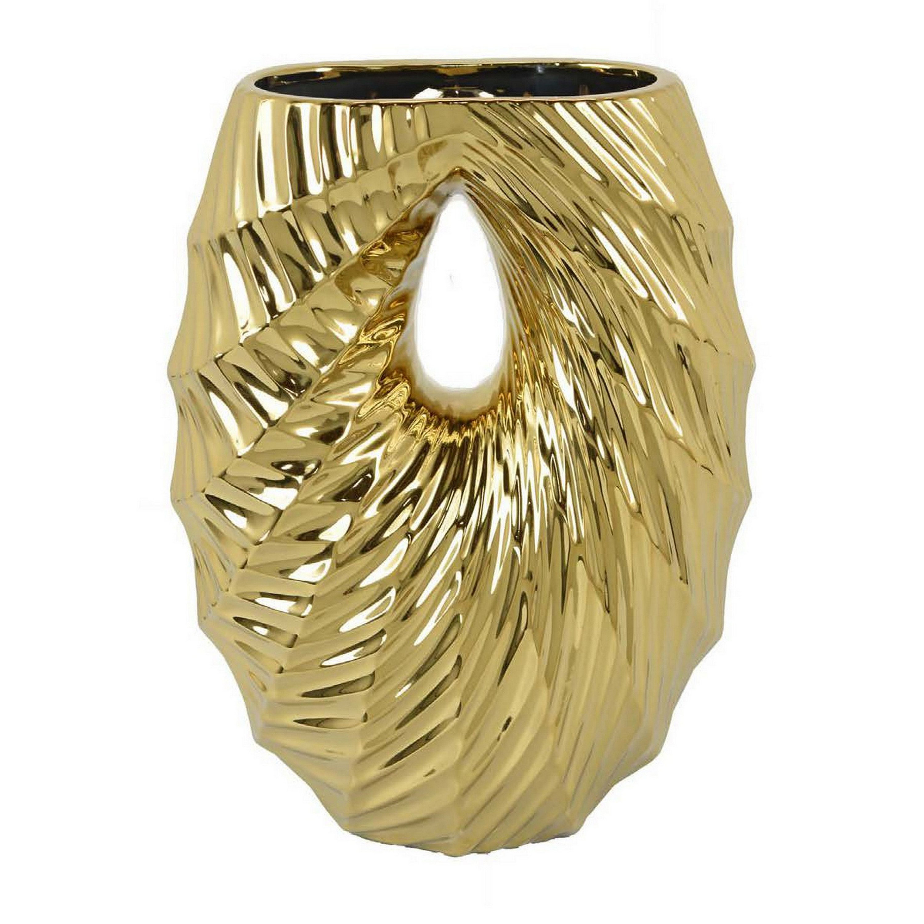 Benjara Decorative Vase, 16 Inch U Shape Ceramic Body, Gold Geometric ...