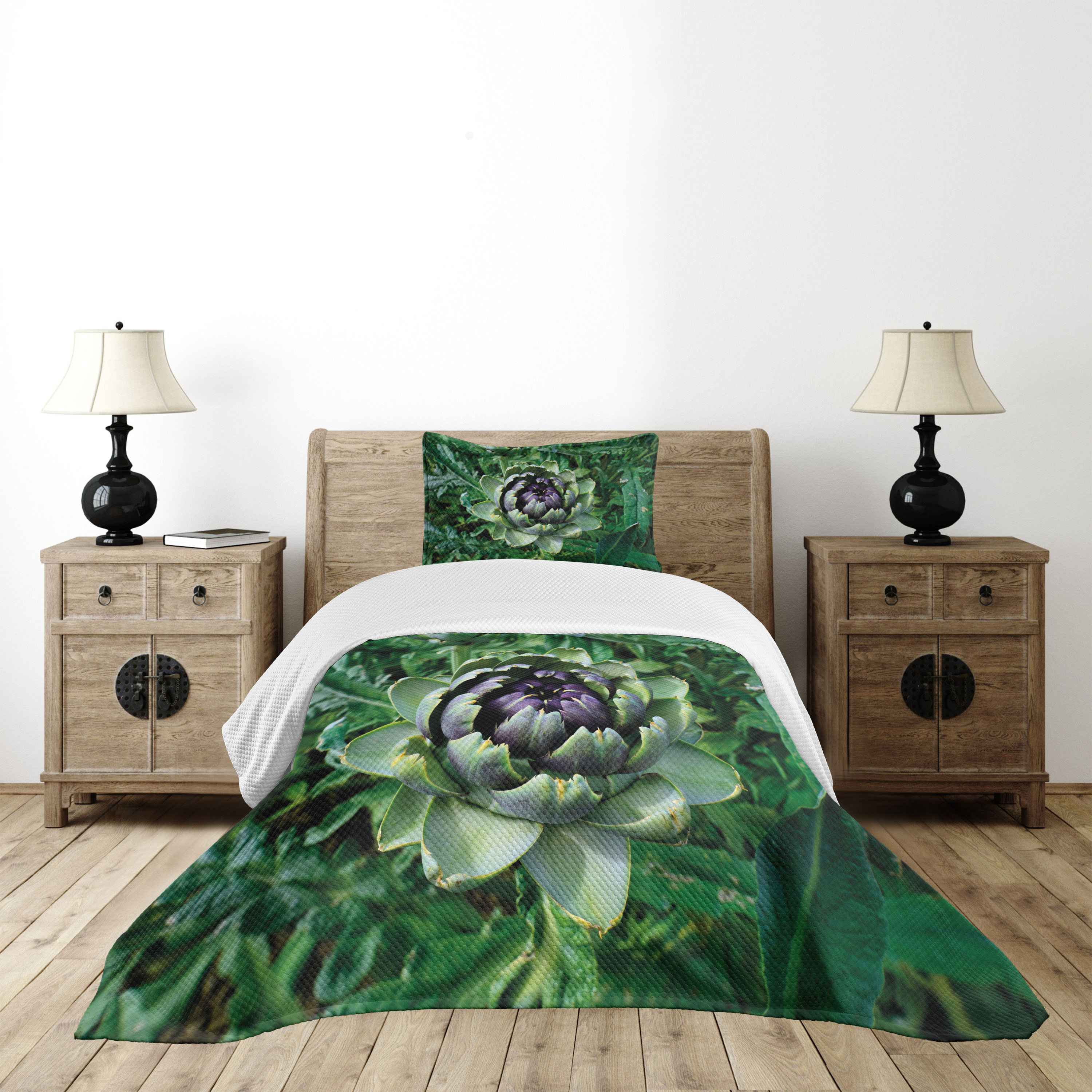 Ambesonne Artichoke Bedspread Set Blooming Vegetable Fern Green and ...