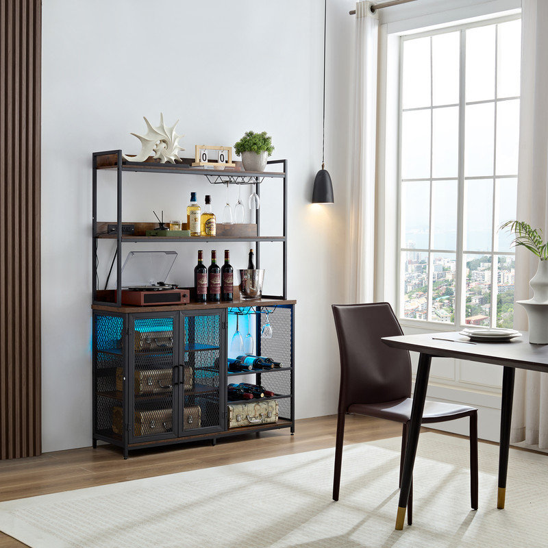 17 Stories Industrial Coffee Bar Cabinet with Power Outlet and LED ...