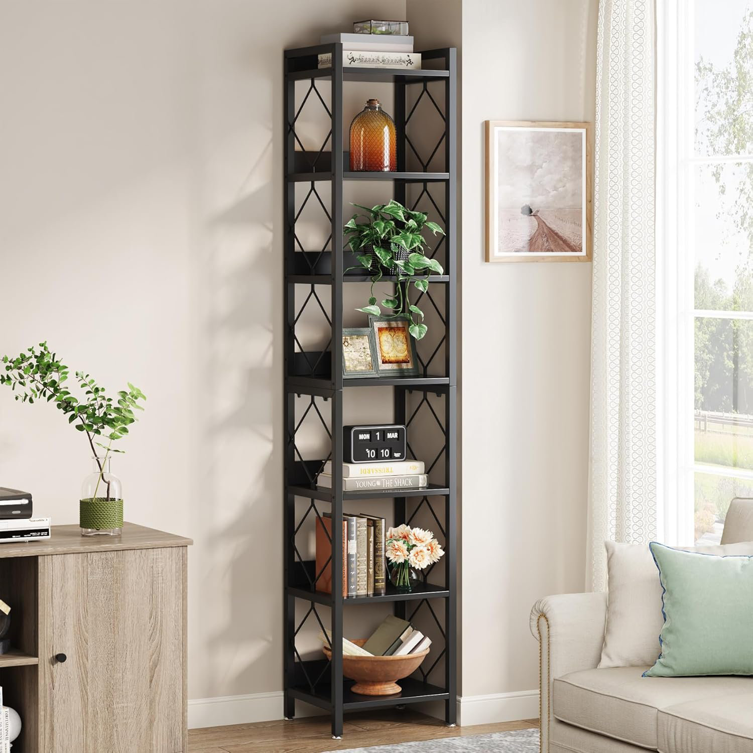 17 Stories Extra Tall Narrow Bookshelf For Small Spaces, 7-Tier Skinny ...