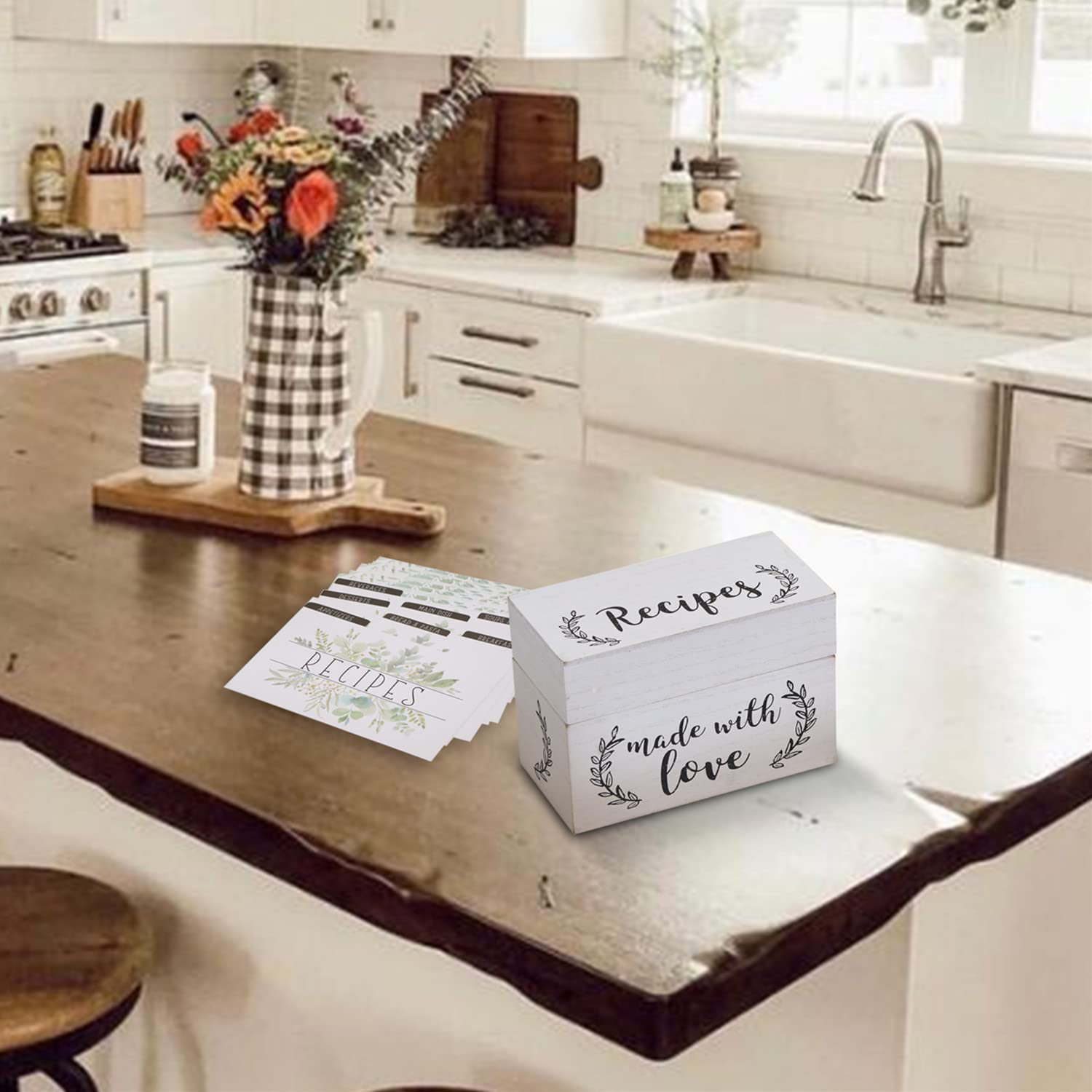 Gracie Oaks Farmhouse Style Wooden Recipe Storage Box, Includes 32 ...