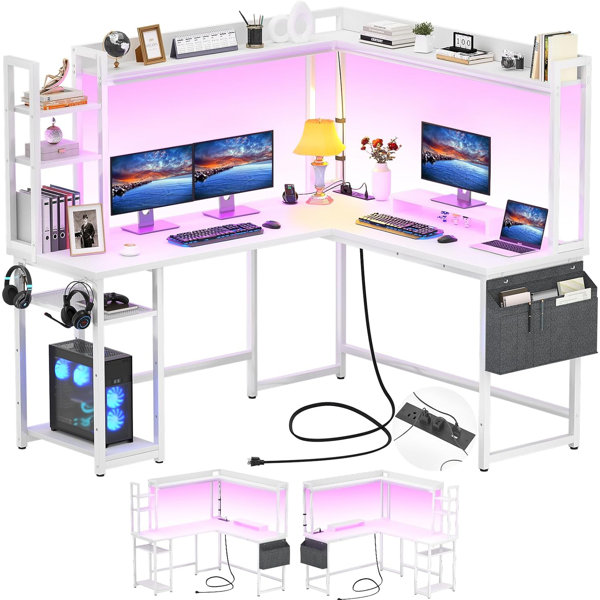 Wrought Studio™ Bianco L-Shaped Desk with Hutch & Power Outlet, Gaming ...