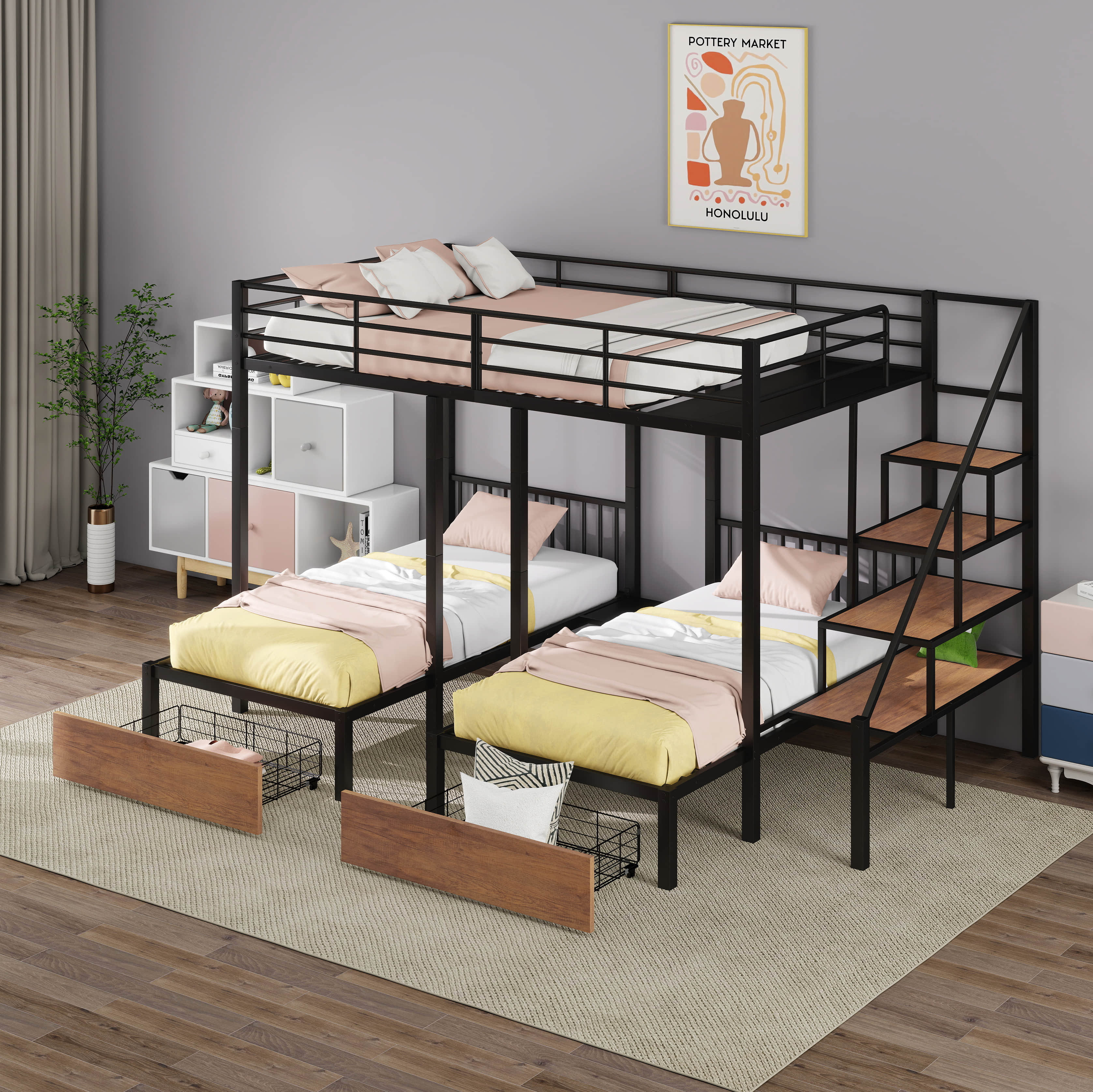 Mason & Marbles Full Over Twin-Twin Triple Bunk Bed With Drawers And ...