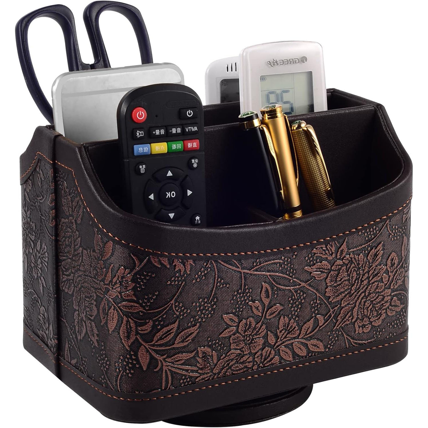 TIFONE Retro Antique Leather 360 Degree Spinning Desk Organizer - Multi ...