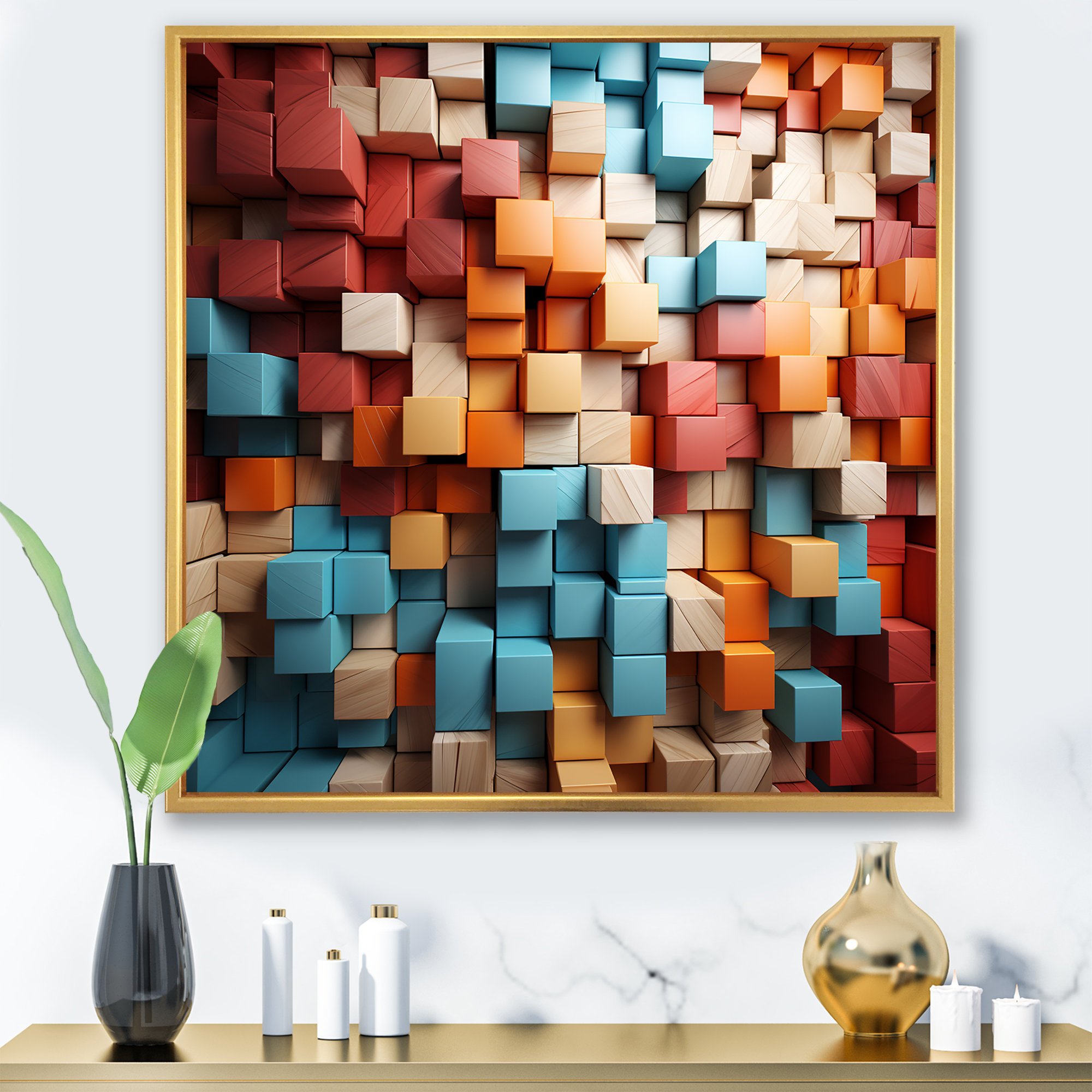 Ivy Bronx Blue And Red Abstract Cubes I - Abstract Cubism Wall Art ...