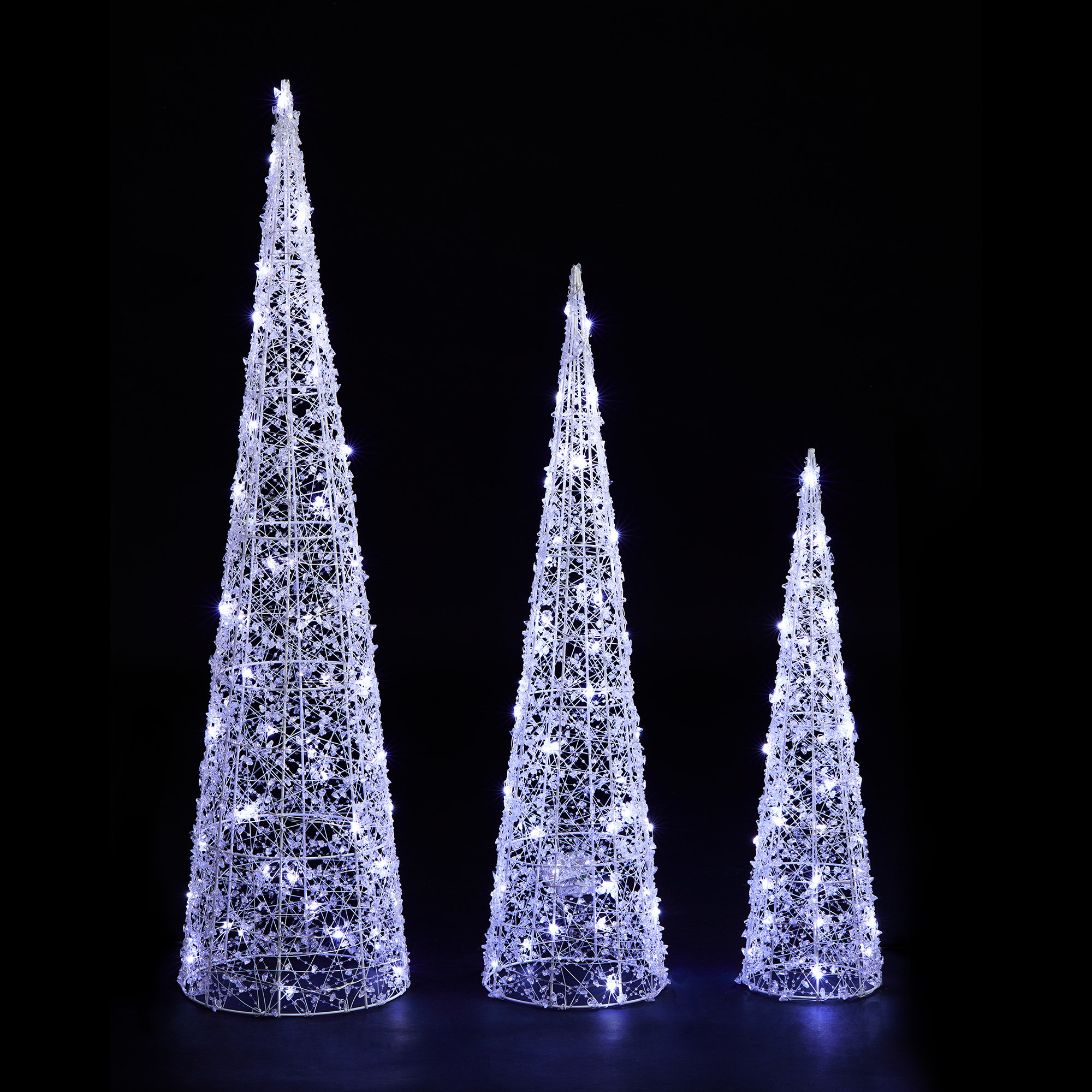 The Holiday Aisle® Set Of 3 Lighted Christmas Crystal White Cone Tree ...