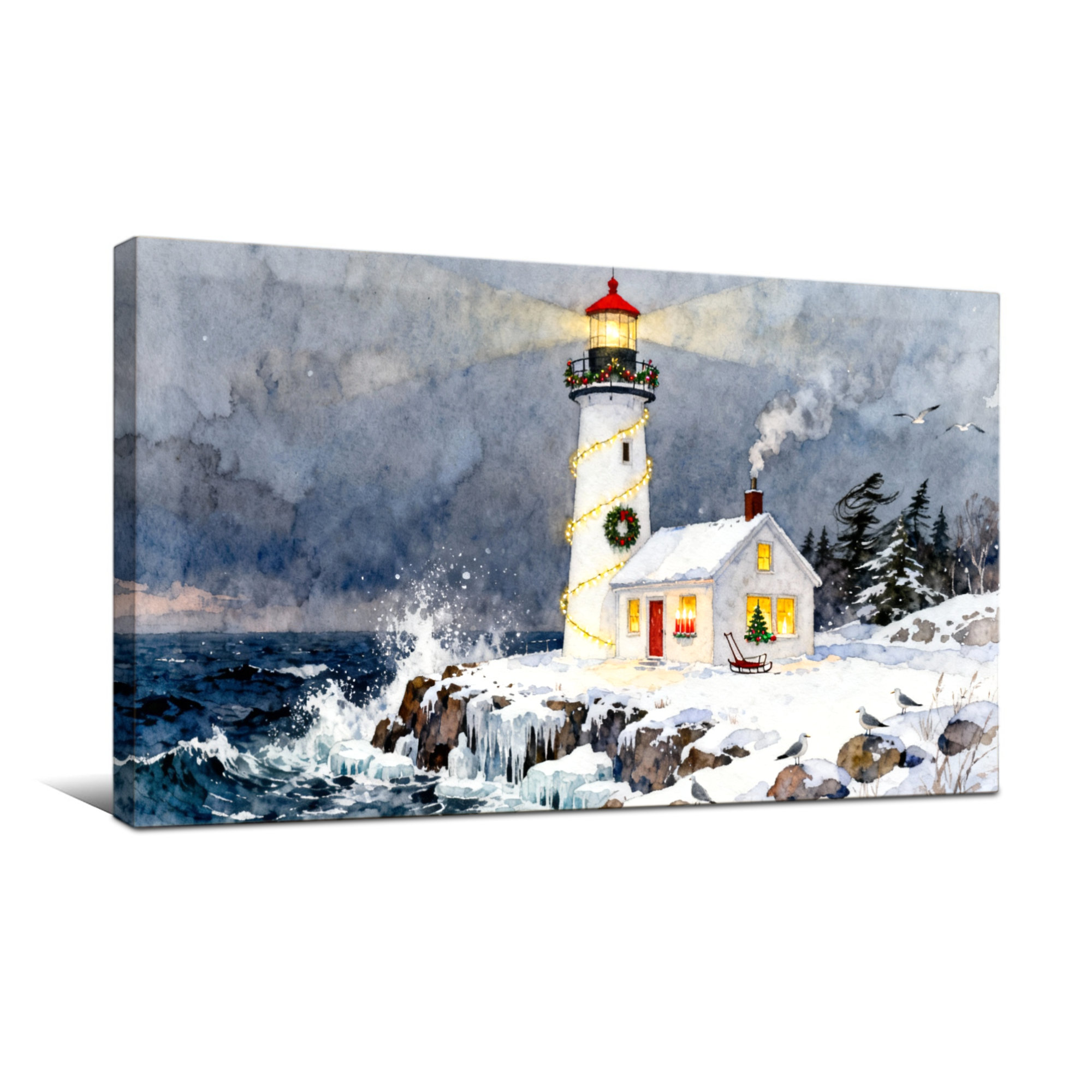 Canora Grey Christmas Winter Lighthouse Christmas Scene Snowy Coast ...