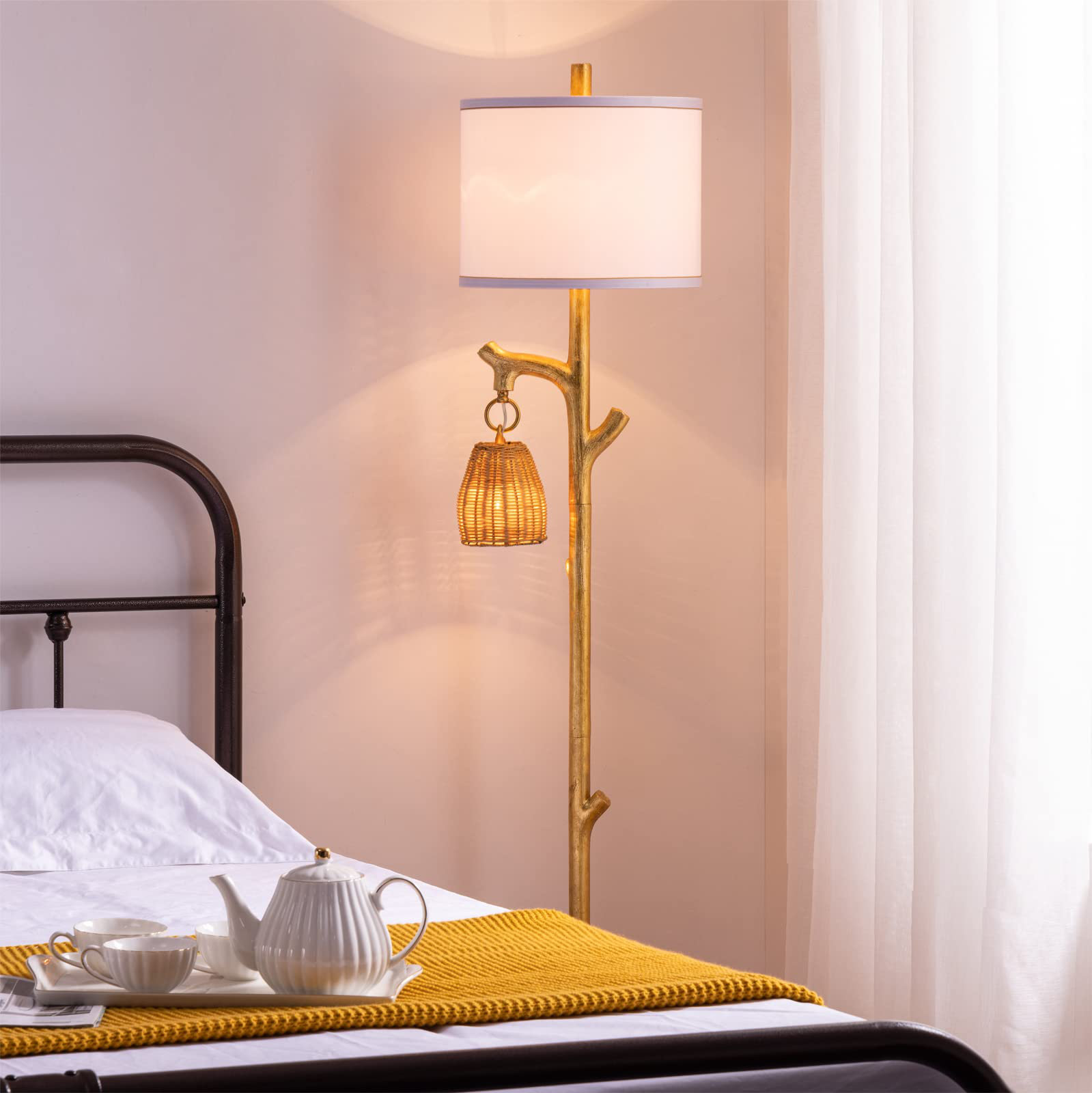 Bayou Breeze Rustic Farmhouse Tree Trunk Floor Lamp Wicker Drum Shade ...