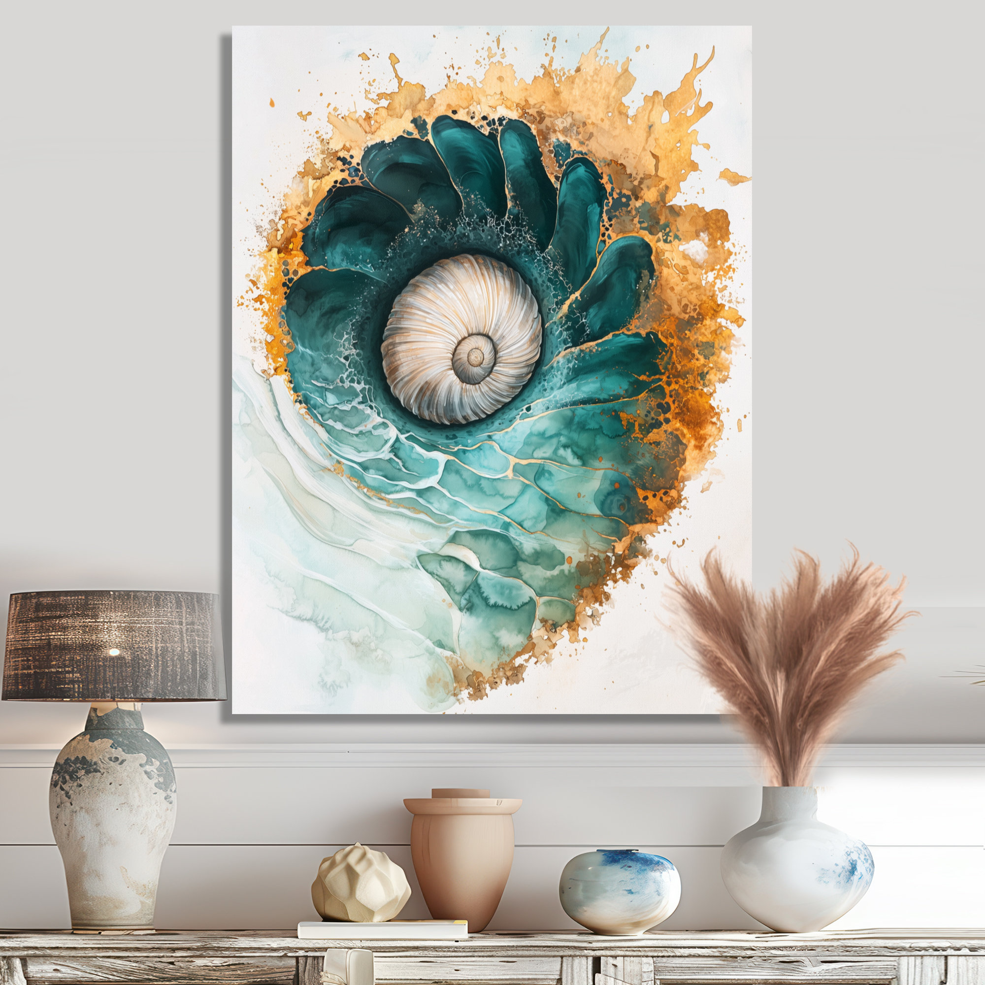 Highland Dunes Coastal Spiral Emerald Seashell I - Modern Metal Art ...